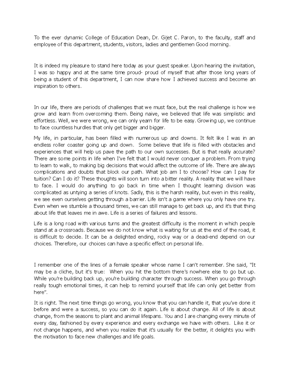 Chard speech - AN ESSAY ABOUT THE COURSE - To the ever dynamic College ...