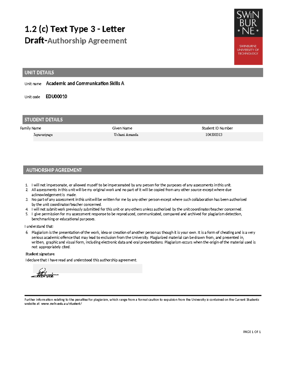 1.2 (c) Text Type 3 - Letter Draft Cover Sheet - 1 (c) Text Type 3 ...