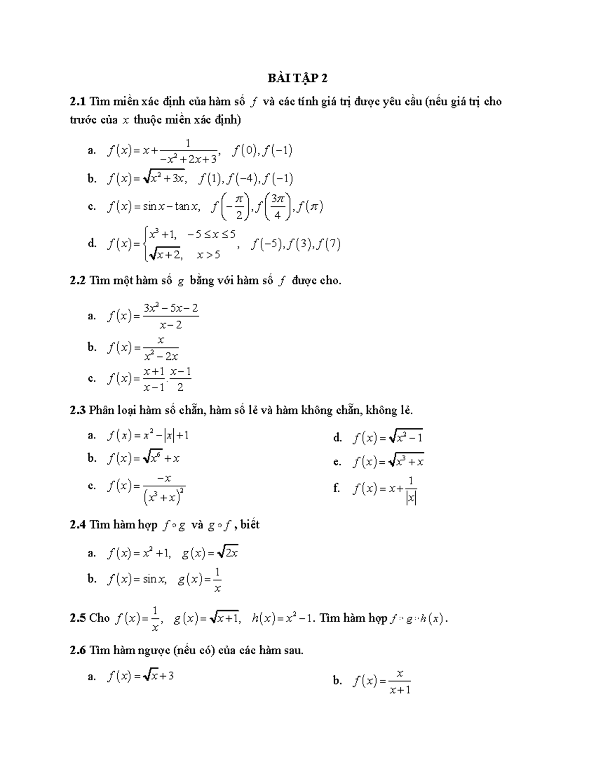 Bai tap 2 - adadadad - BÀI TẬP 2 2 Tìm miền xác định của hàm số f và ...