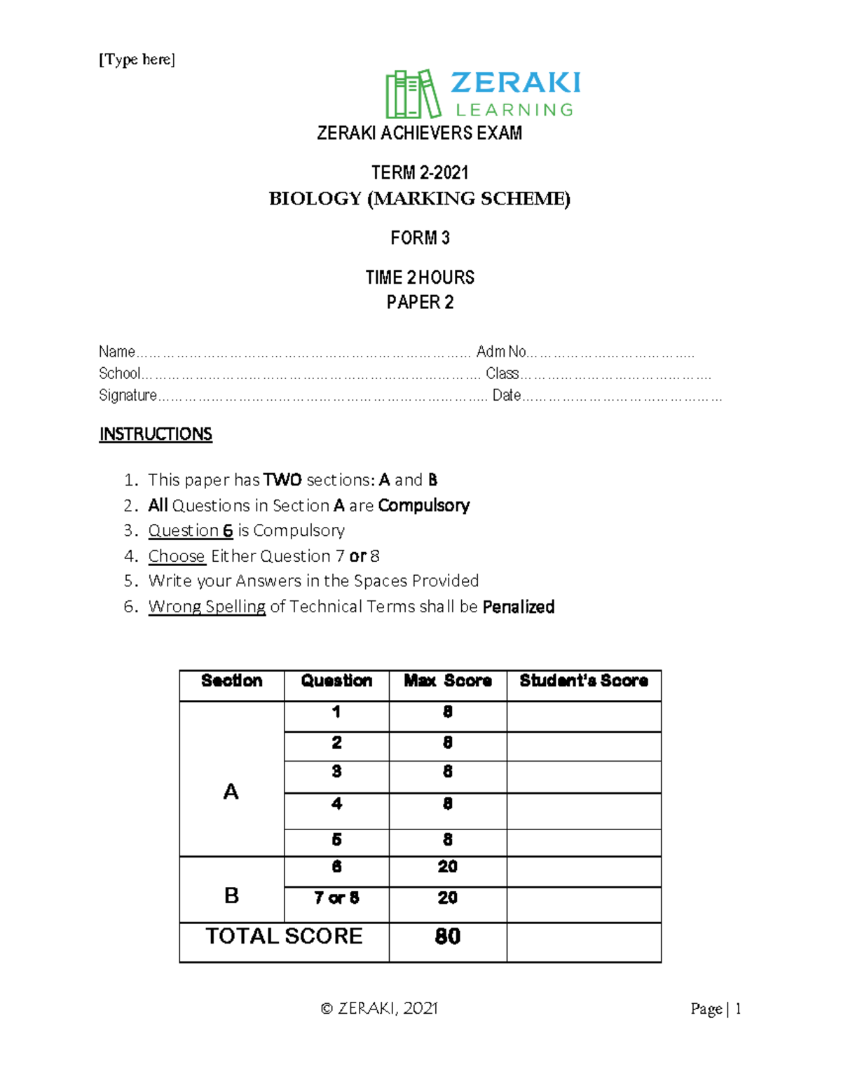 Biology Paper 2 -Zeraki Achievers 4.0 - Question paper - ZERAKI ACHIEVERS EXAM TERM 2- BIOLOGY ...