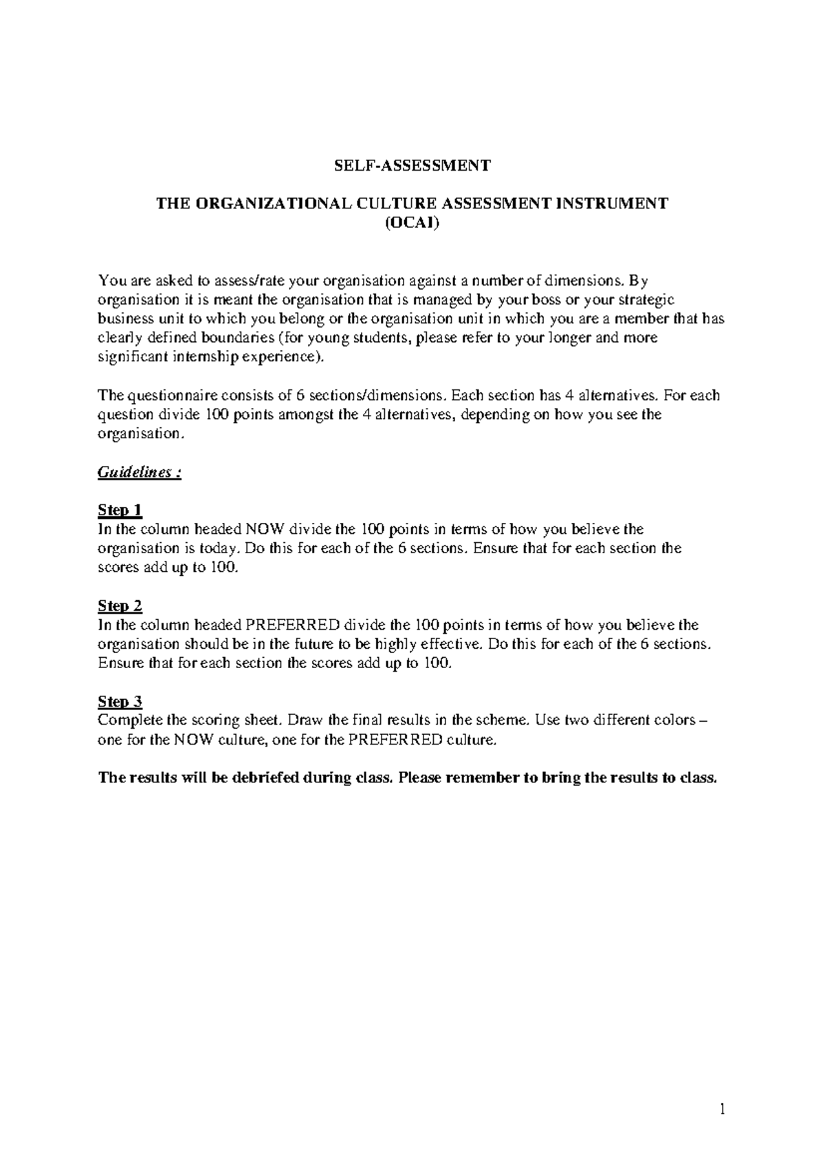 Document 1 OCAI self-assessment - SELF-ASSESSMENT THE ORGANIZATIONAL ...