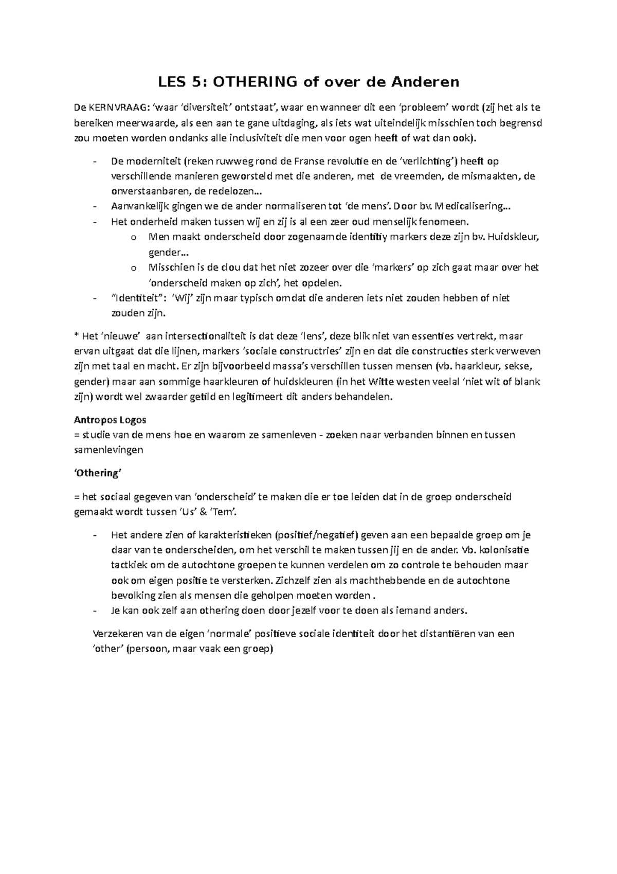 Othering samenvatting - LES 5: OTHERING of over de Anderen De KERNVRAAG ...