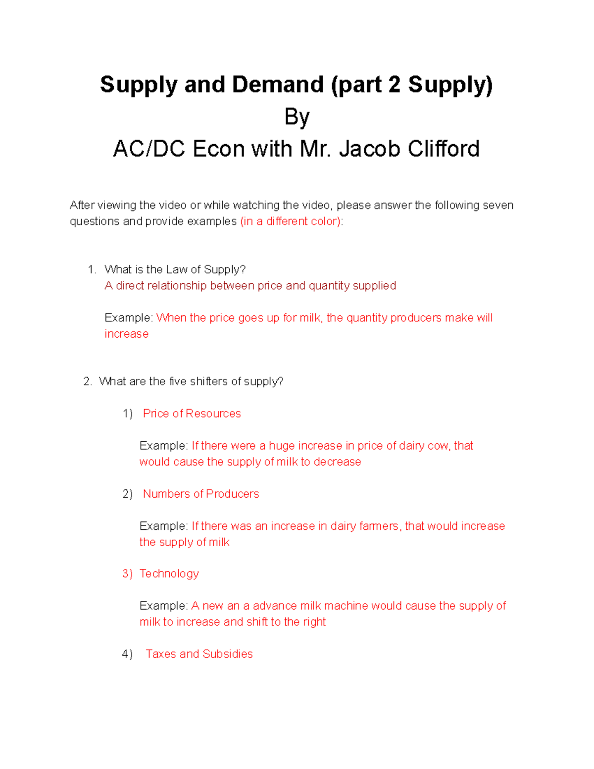 Jamarion Johnson - Supply and Demand Worksheet (part 2 Supply ...