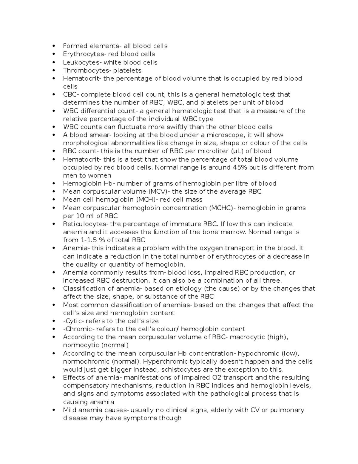Blood disorder terms - Formed elements- all blood cells Erythrocytes ...