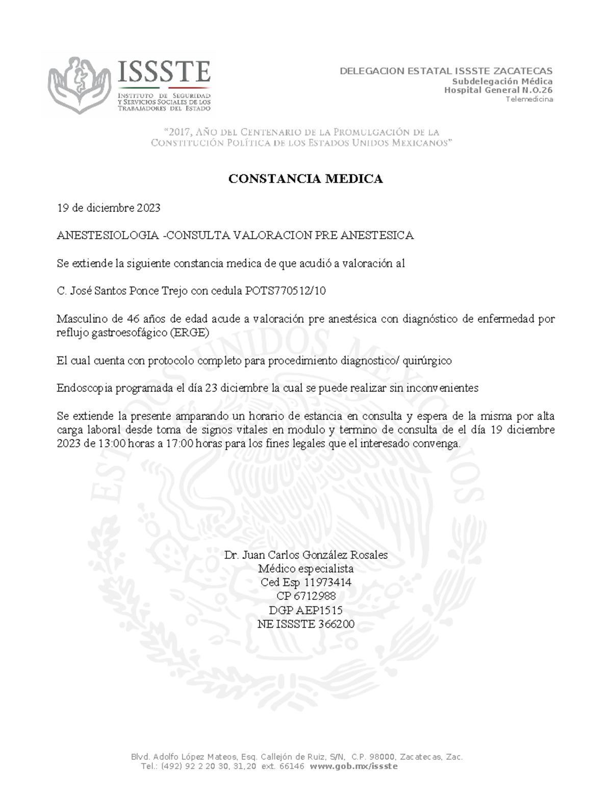 Formato oficios issste - DELEGACION ESTATAL ISSSTE ZACATECAS Subdelegación Médica Hospital ...