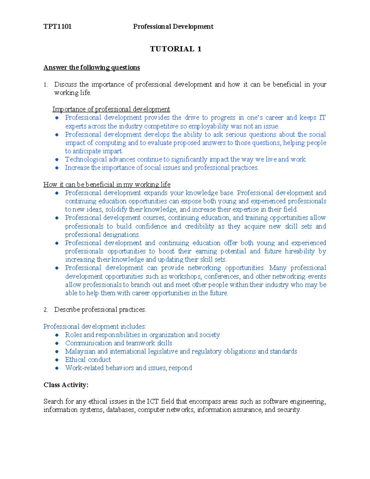 Tutorial-1 Question (Introduction) - TPT1101 Professional Development ...