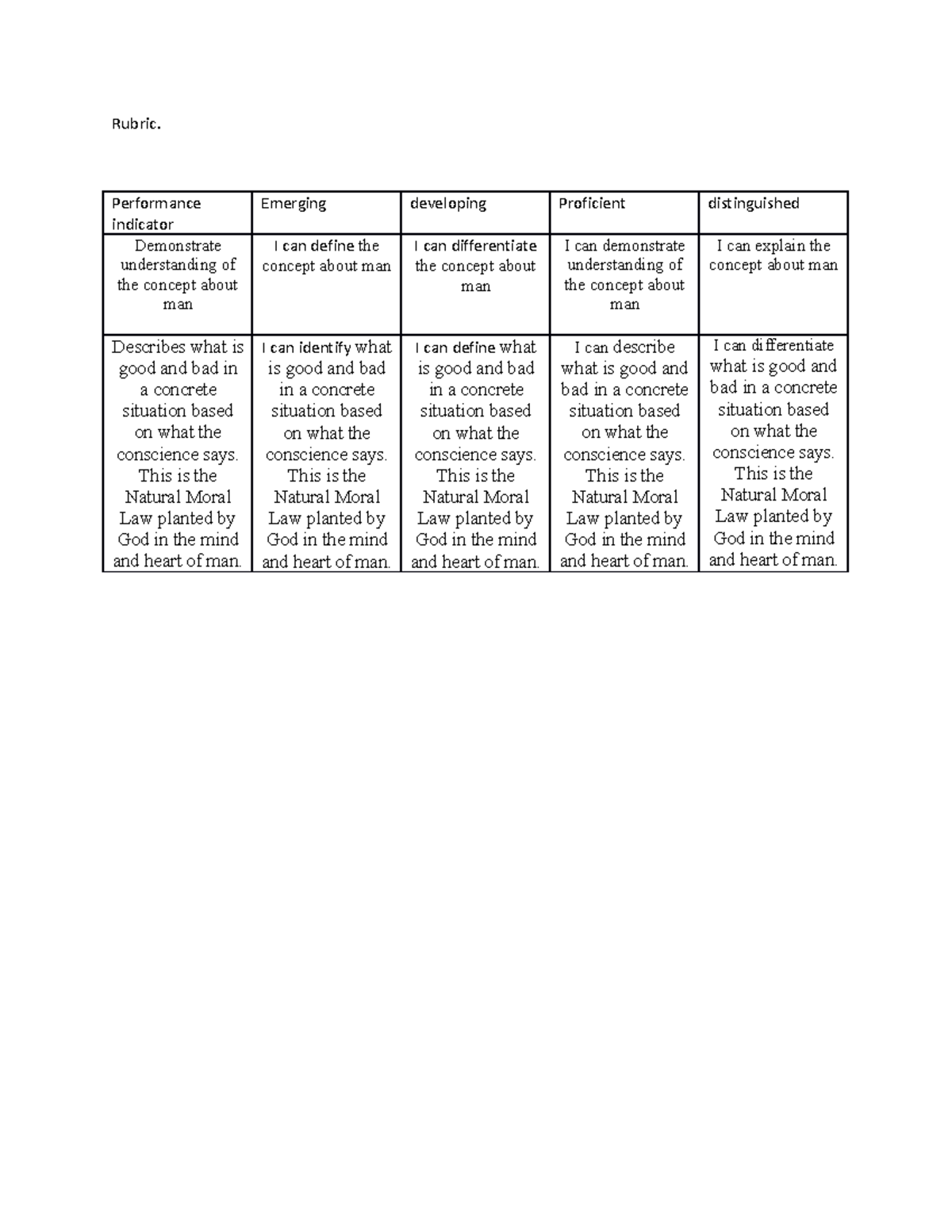 Rubric. SLRP - for Values - Rubric. Performance indicator Emerging ...