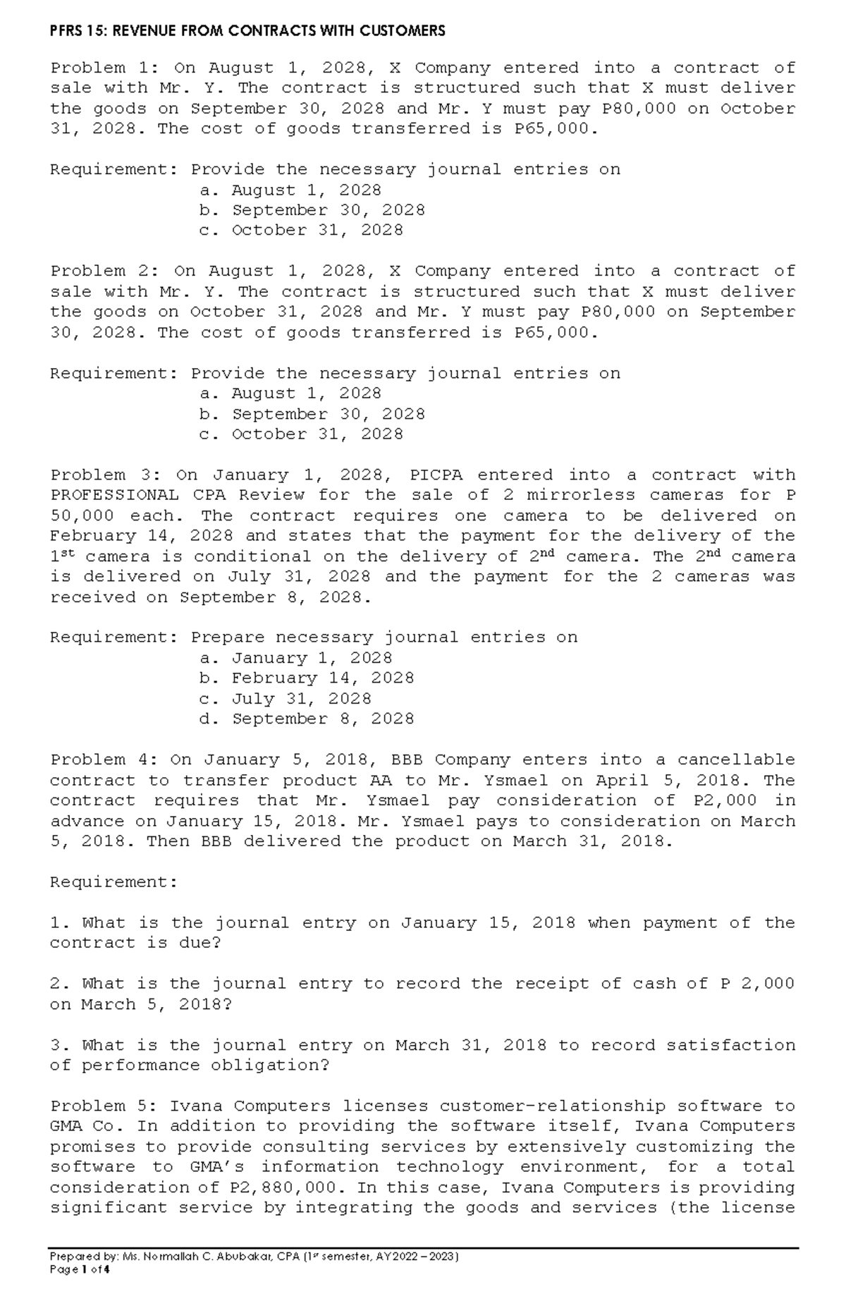 PFRS 15 Sample Problems For Classroom Discussion - Prepared by: Ms ...