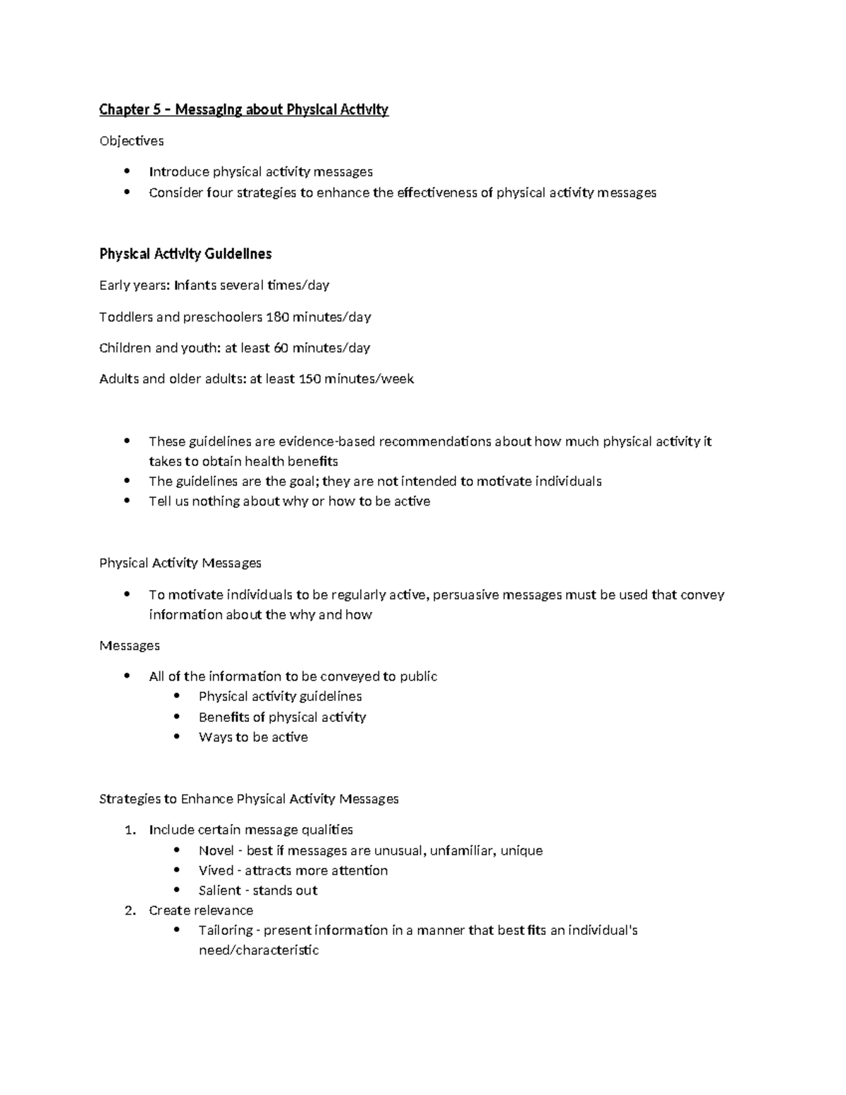 KIN - Chapter 5 - notes - Chapter 5 – Messaging about Physical Activity ...