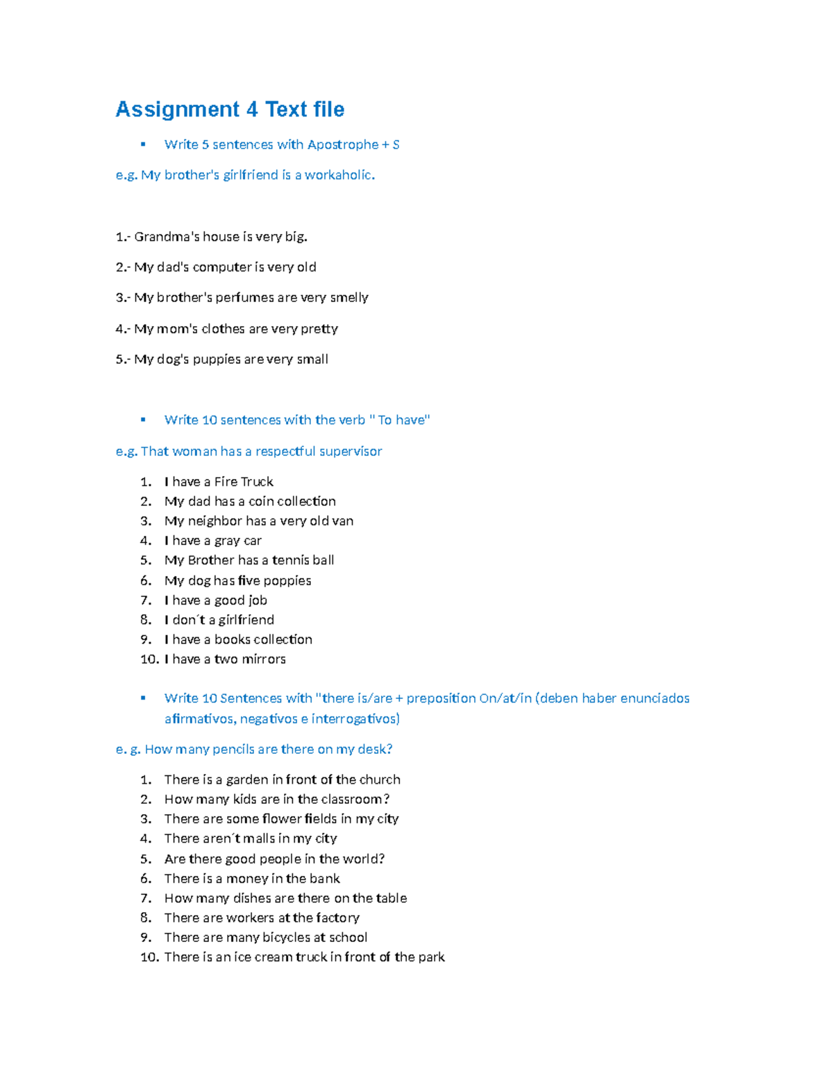 Assignment 4 Text file - ACTIVIDAD - Assignment 4 Text file Write 5 sentences with Apostrophe ...