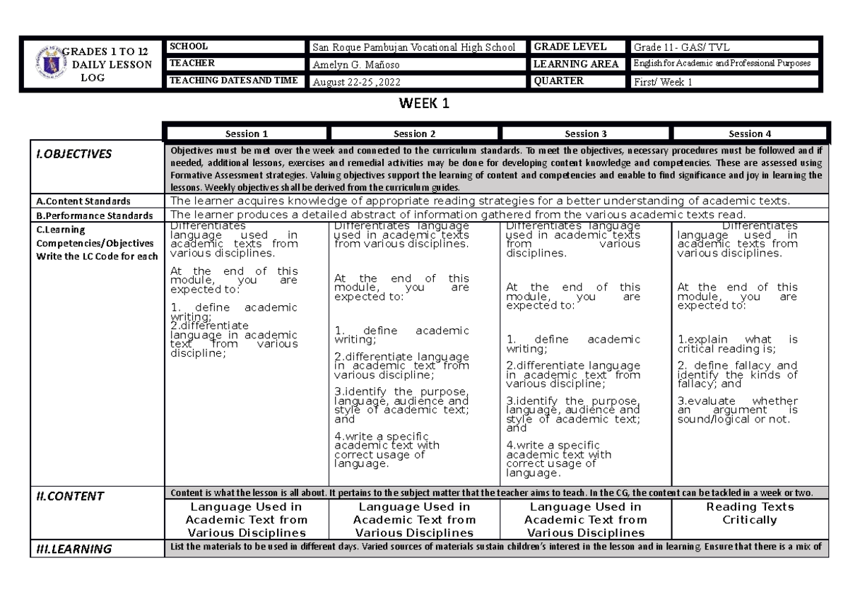 Competency 1 - dbzgbme fhdmdh shcb - GRADES 1 TO 12 DAILY LESSON LOG ...