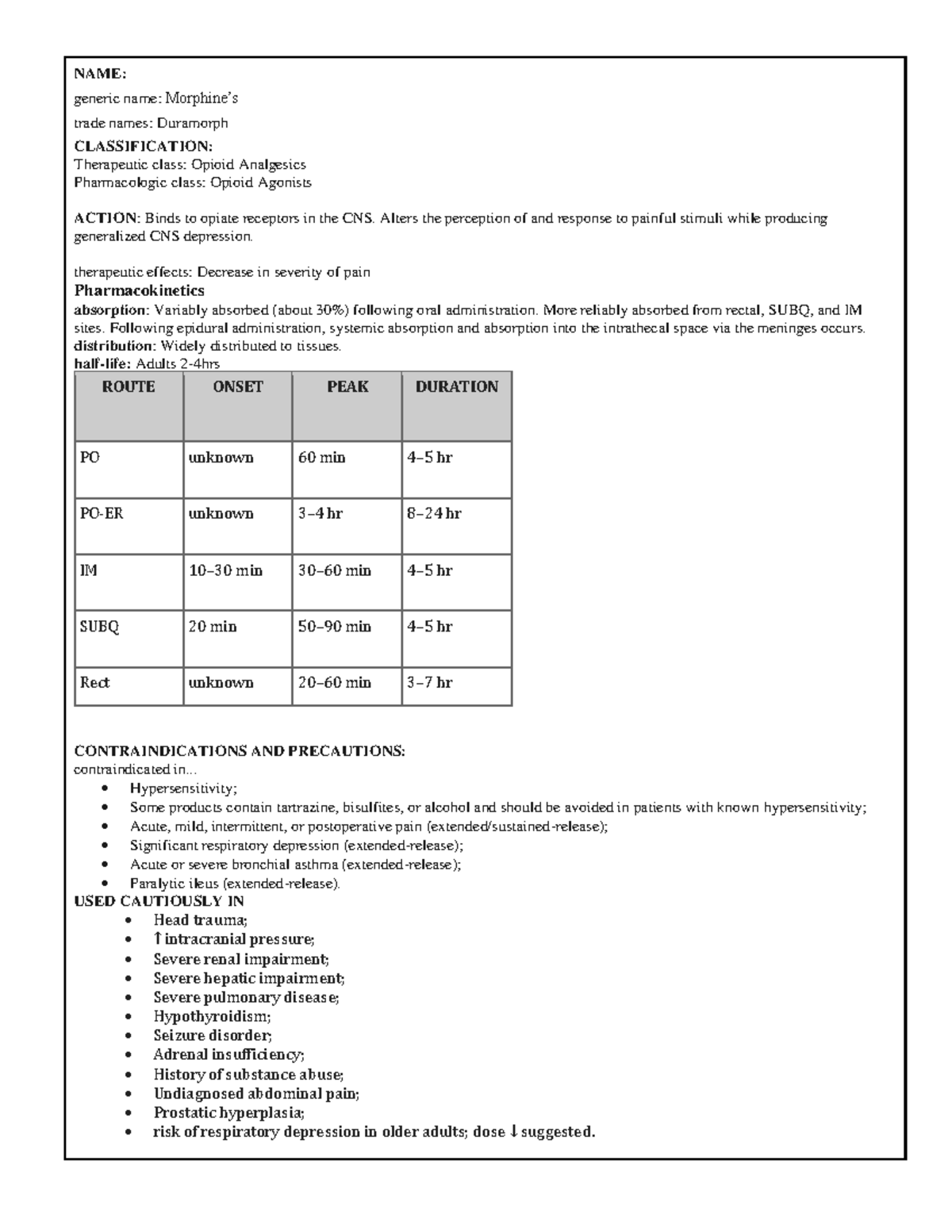 Medication card template 2019 doc copy - NAME: generic name: Morphine’s ...
