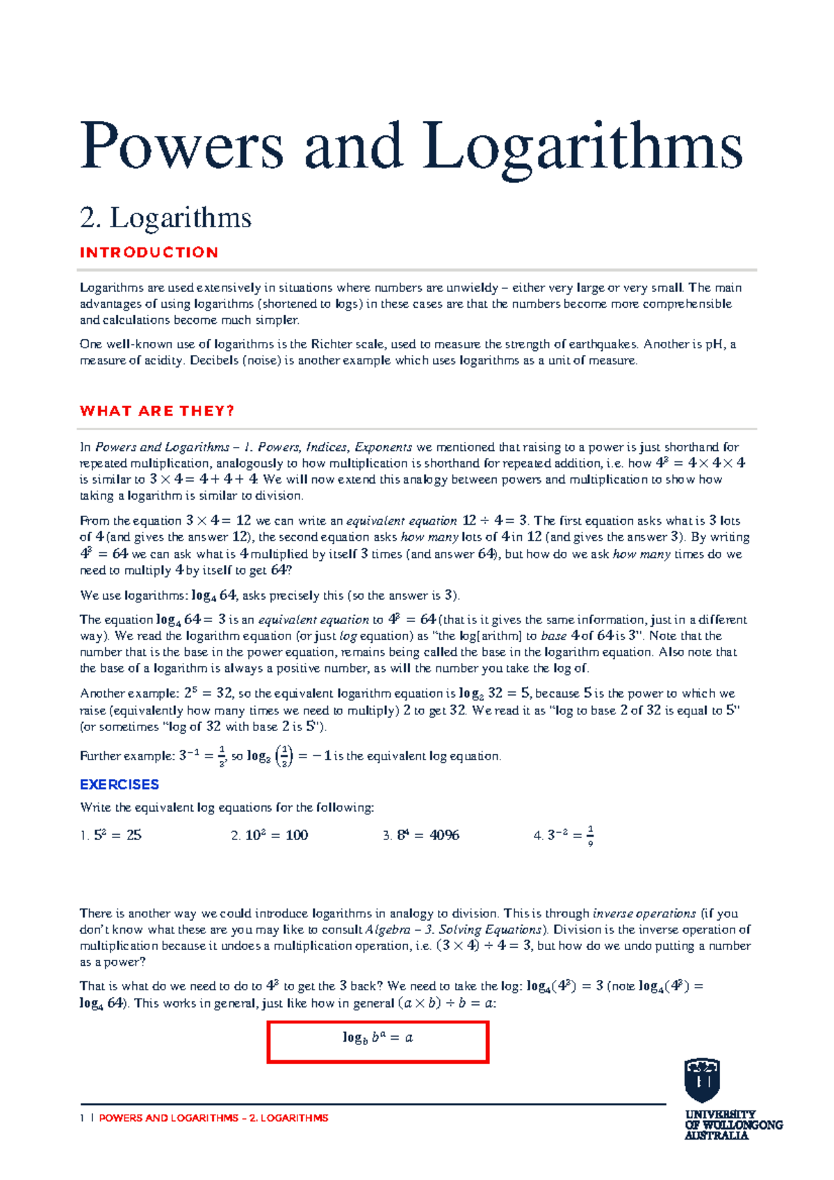 Uow243308 - Advanced math - Powers and Logarithms 2. Logarithms ...