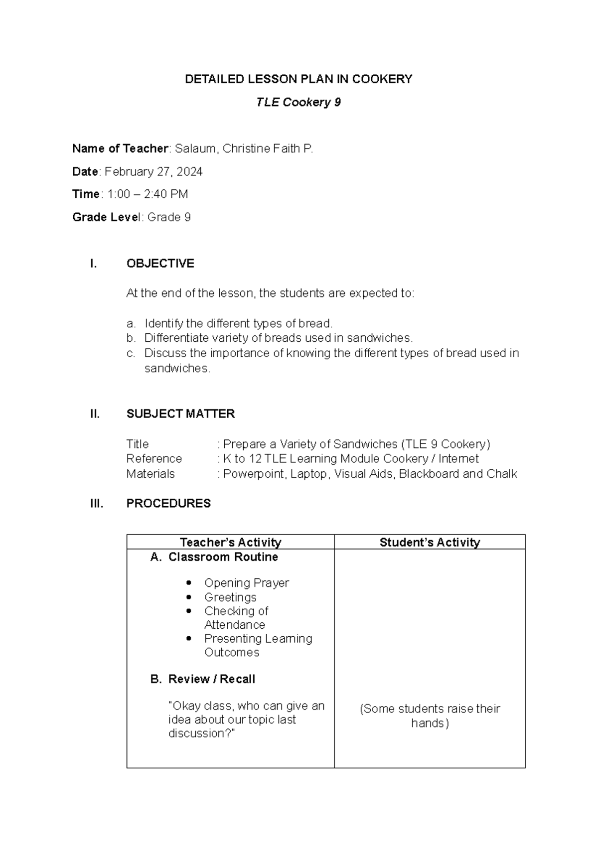 Detailed Lesson PLAN 2 - DETAILED LESSON PLAN IN COOKERY TLE Cookery 9 ...