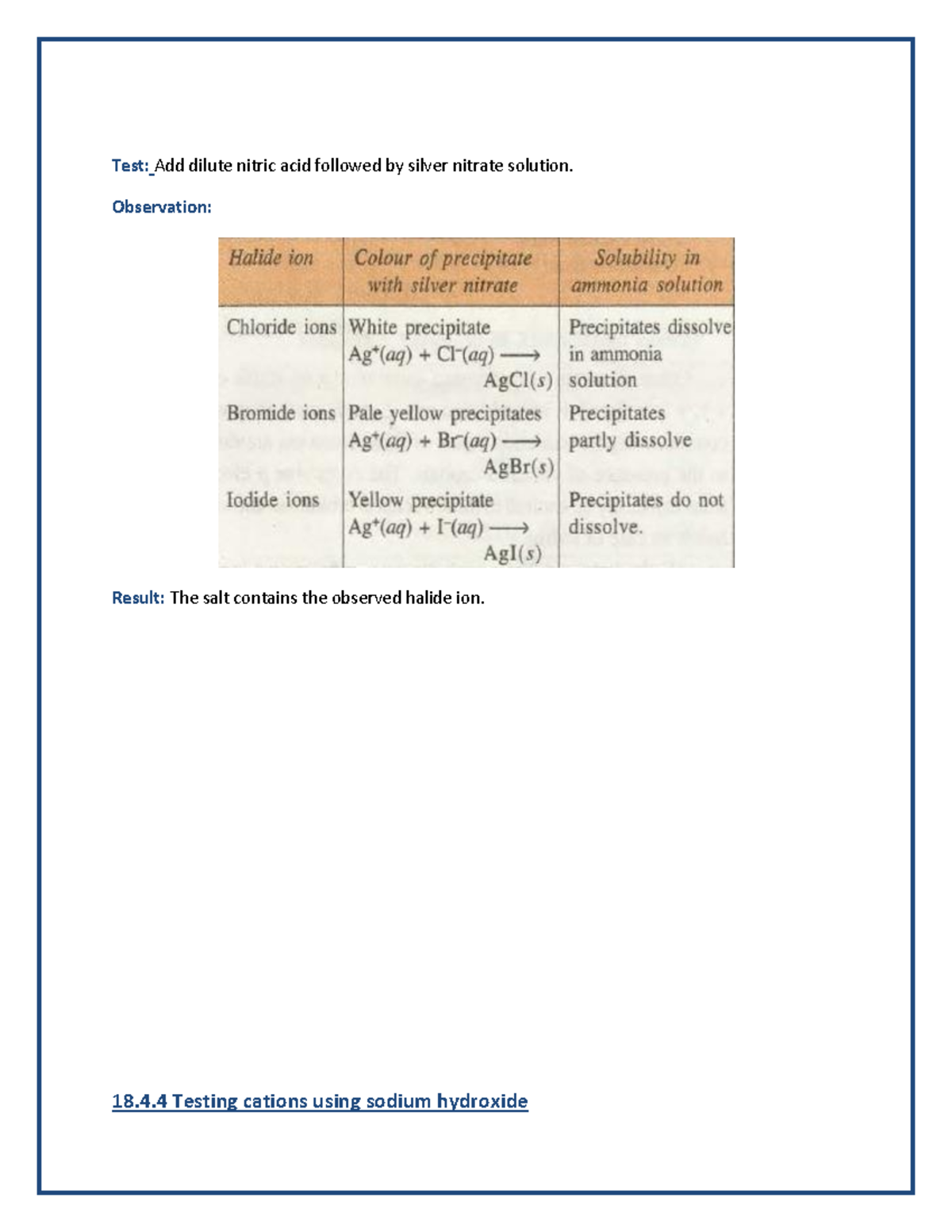 Chapter 18 Chemical tests - Chemistry I - Test: Add dilute nitric acid ...