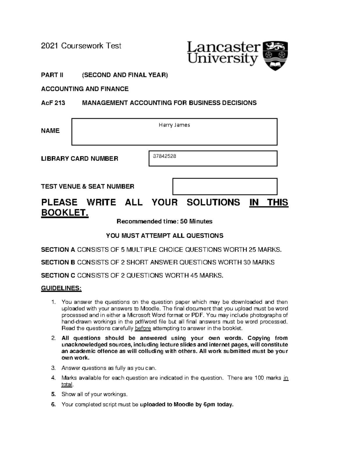 Coursework test - 2021 Coursework Test PART II (SECOND AND FINAL YEAR ...