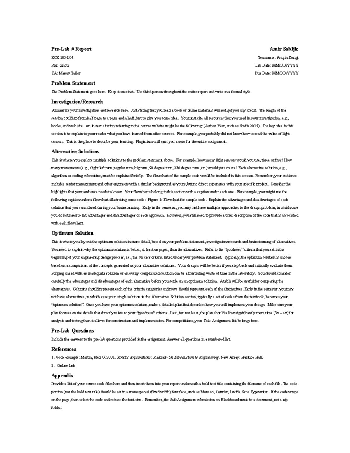 1Template ECE 100 Pre-Lab N - Pre-Lab # Report Amir Sabljic ECE 100-L04 ...