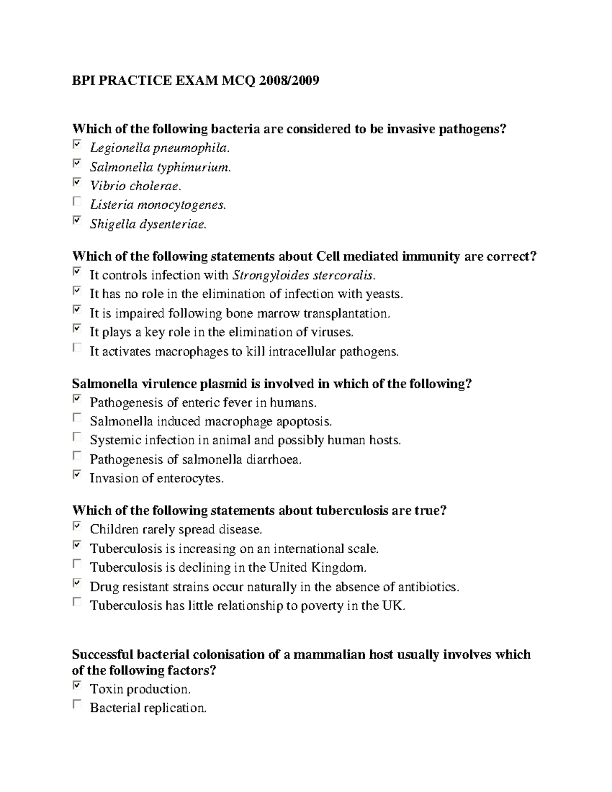 BACTERIAL PATHOGENESIS AND INFECTIONS Practice EXAM MCQ 2008 - BPI ...