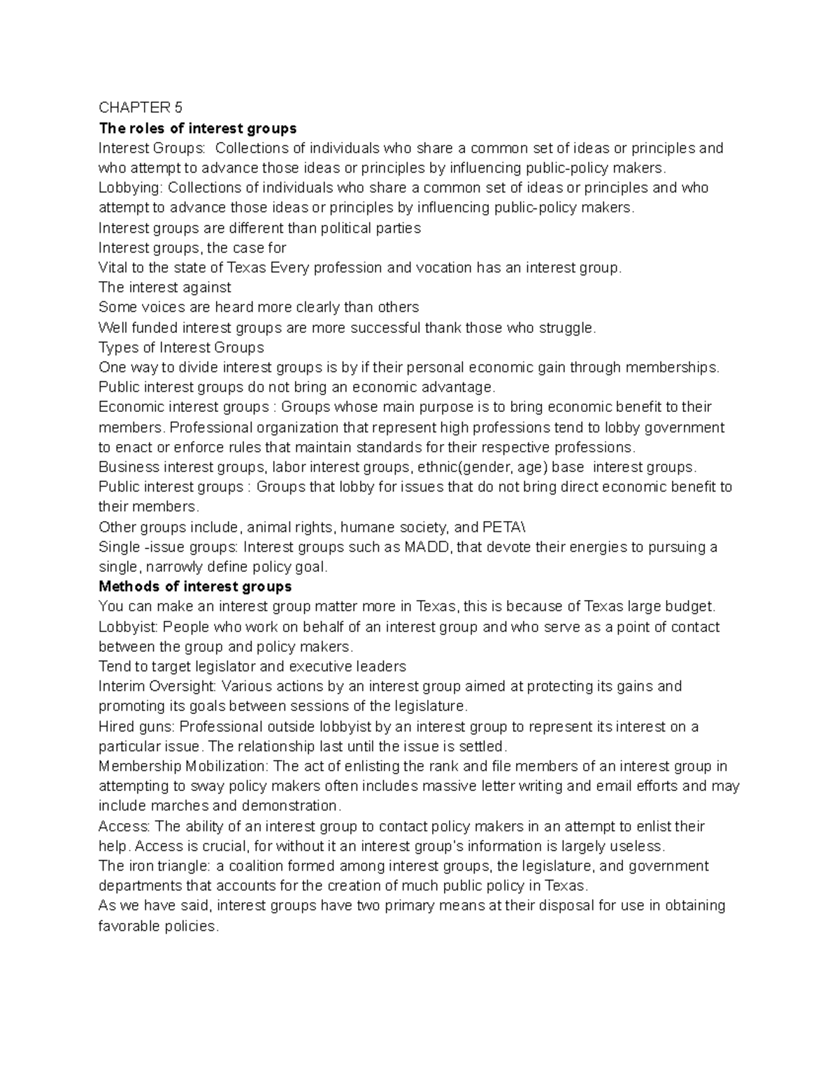 Chapter 5 - Notes on Texas government, helpful for quizzes - CHAPTER 5 ...