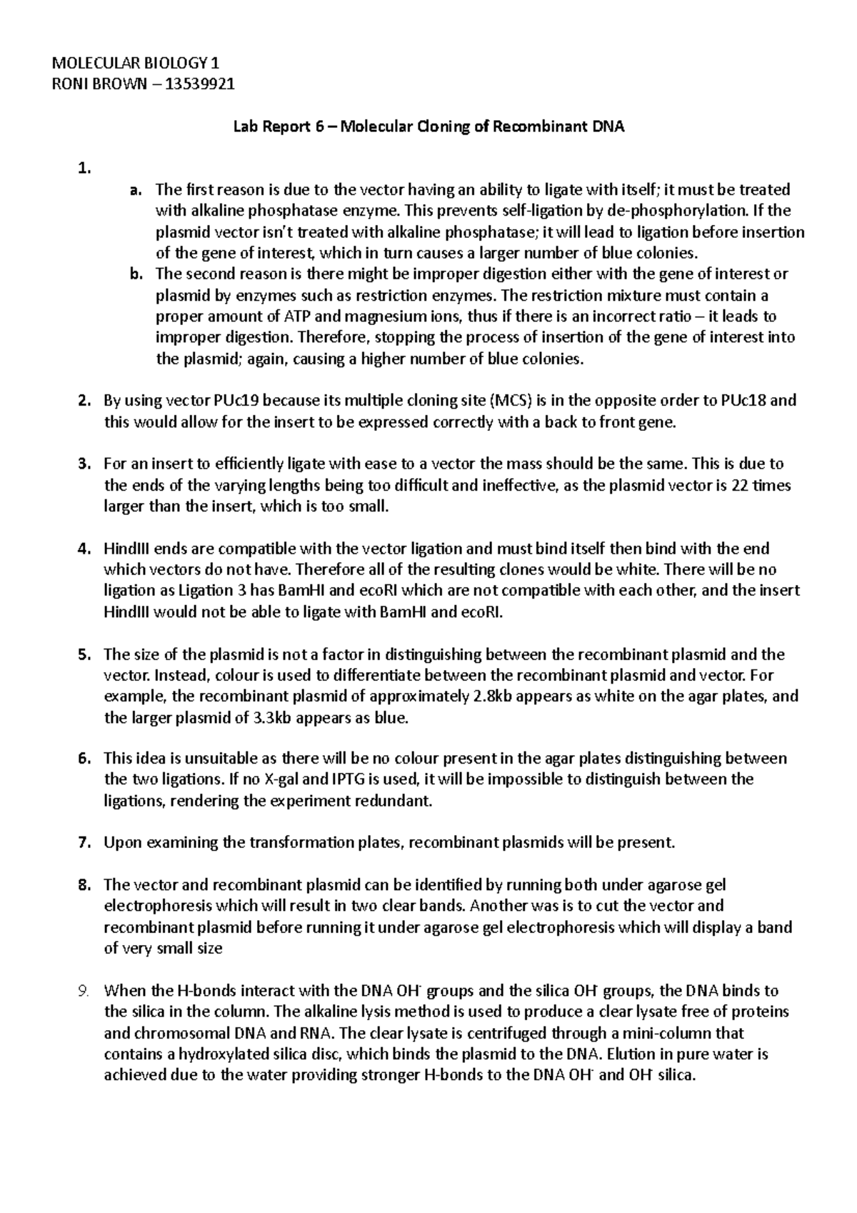 Lab Report 6 - MOLECULAR BIOLOGY 1 RONI BROWN – 13539921 Lab Report 6 ...