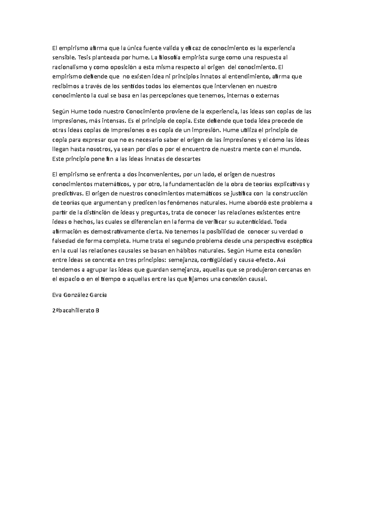 Hume eva - trabajo filo - El empirismo afirma que la única fuente ...