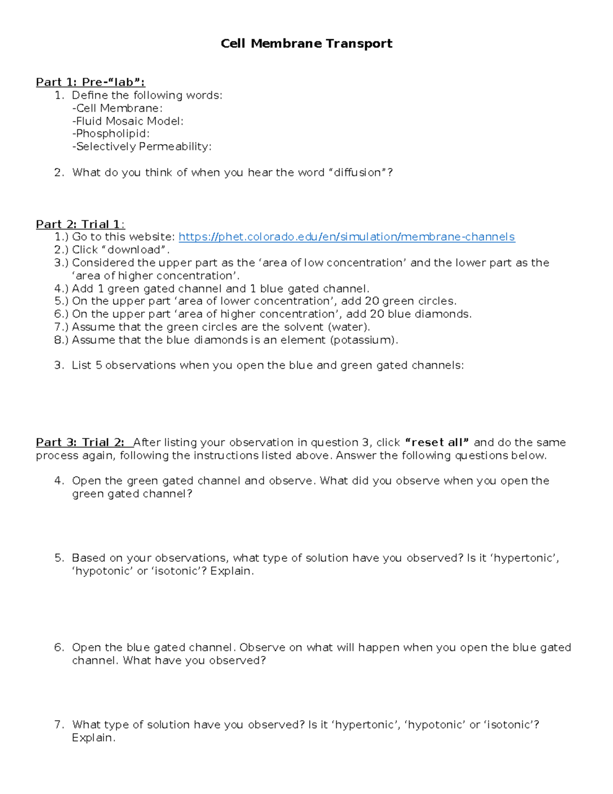 Cell Membrane Transport-1 - Cell Membrane Transport Part 1: Pre-“lab ...