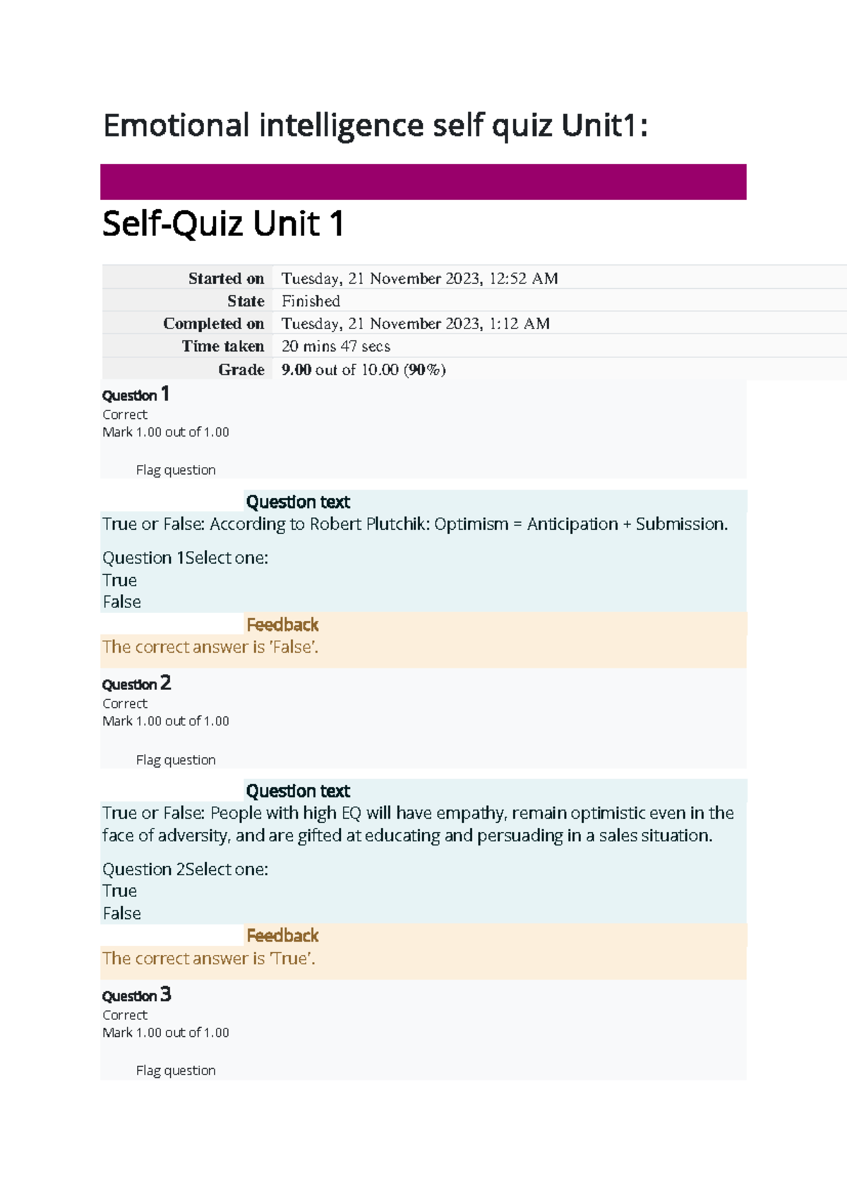 Emotional Intelligence self quize Unit1 - Flag question Question text ...