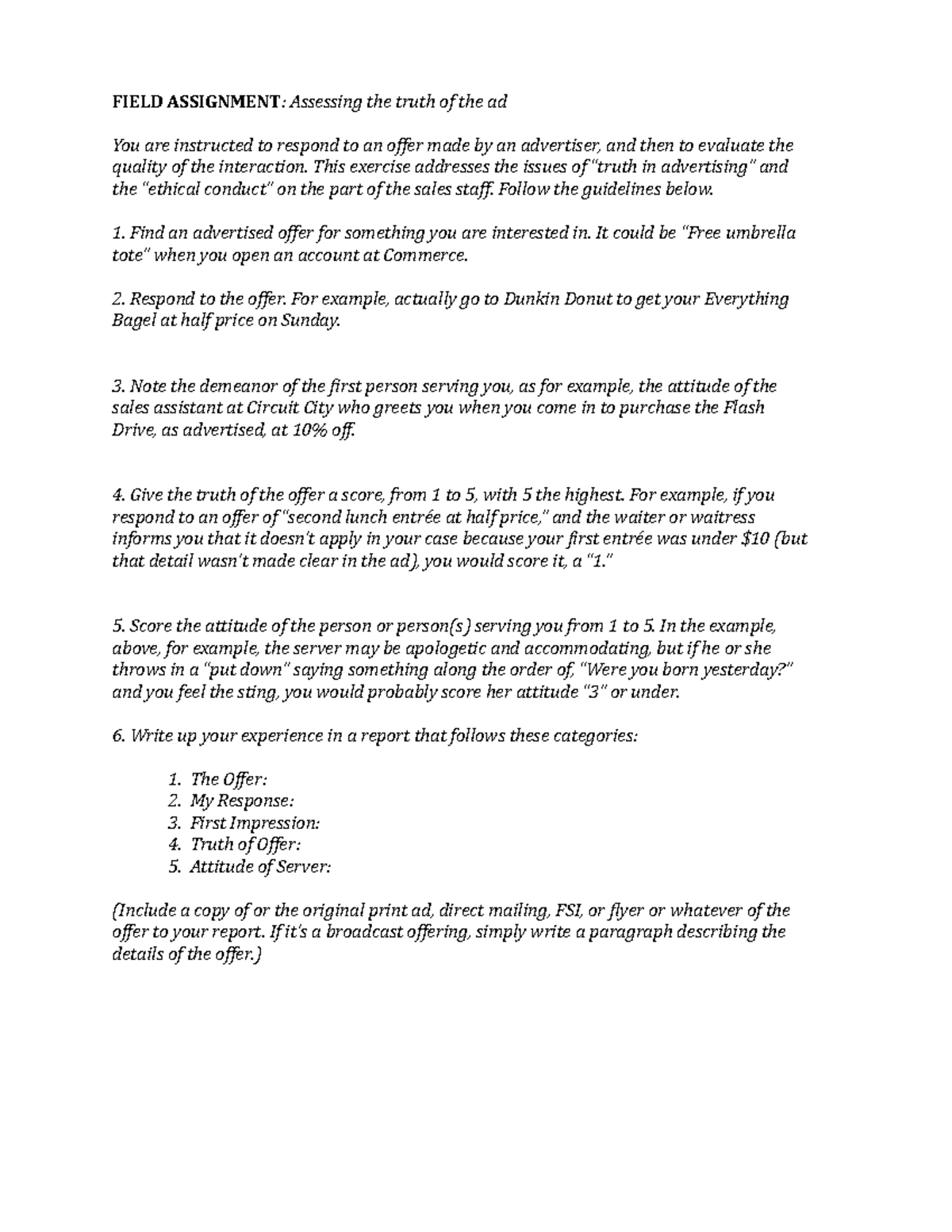 Field Assignment Instructions - FIELD ASSIGNMENT : Assessing the truth ...