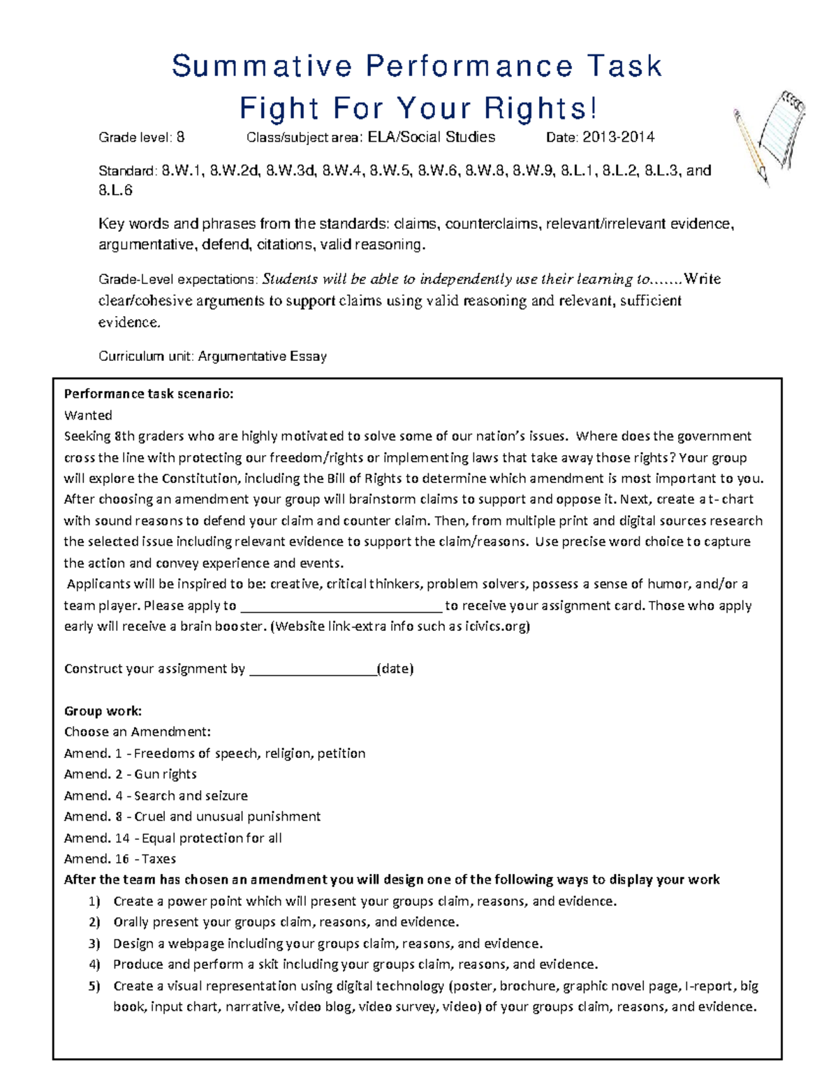 8th Gr. ELA Summative Performance Task - Sum m a t ive Pe rform a nc e ...
