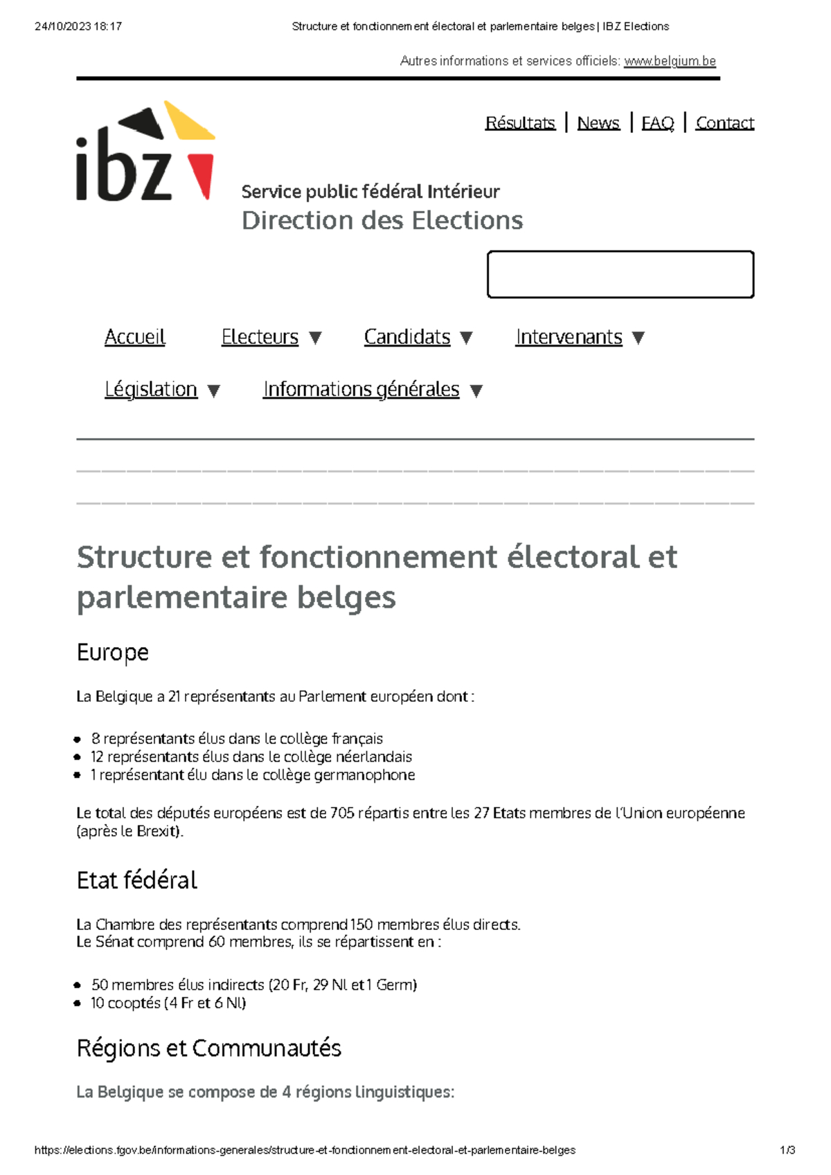Structure et fonctionnement électoral et parlementaire belges IBZ ...