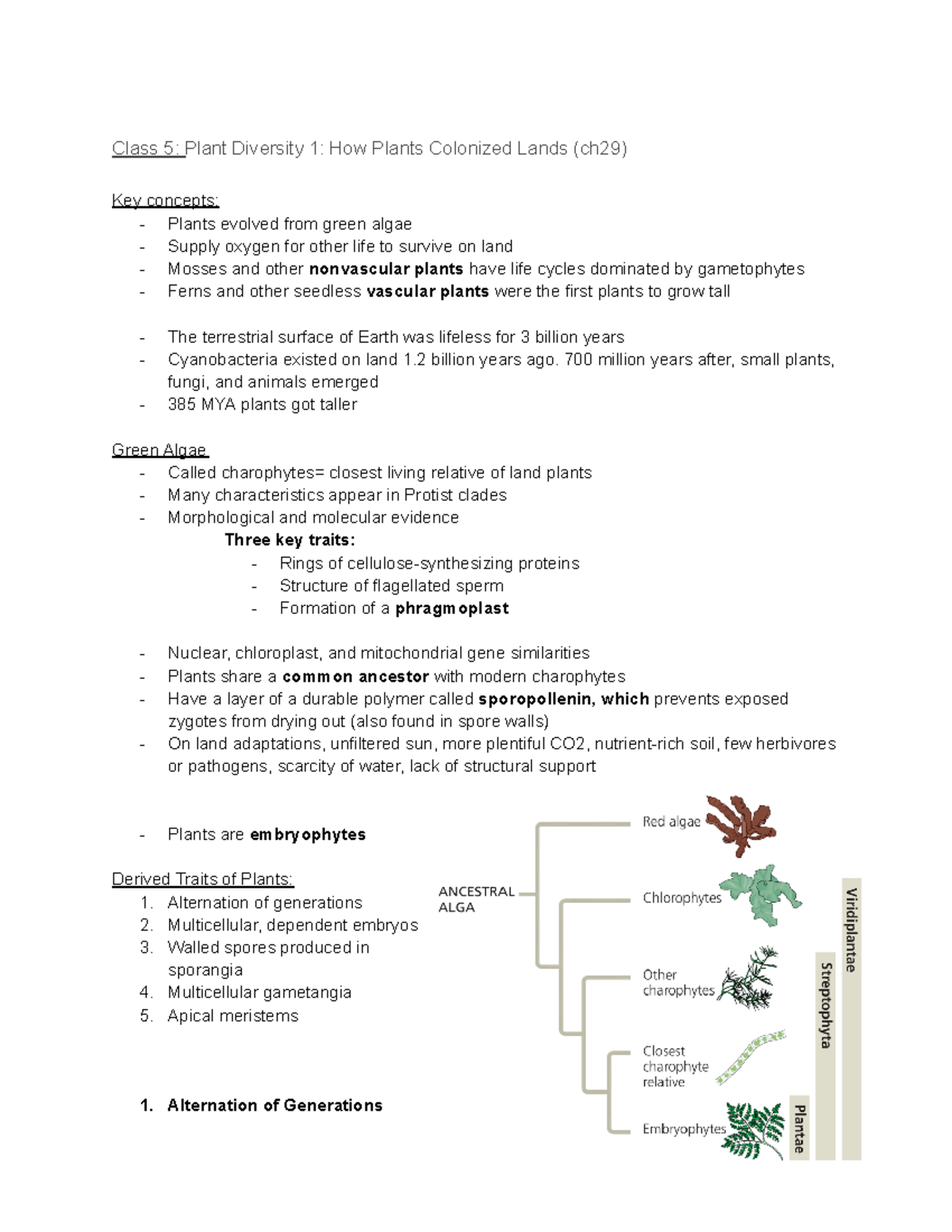 Biology 1057 EL- Note 4 - Class 5: Plant Diversity 1: How Plants ...