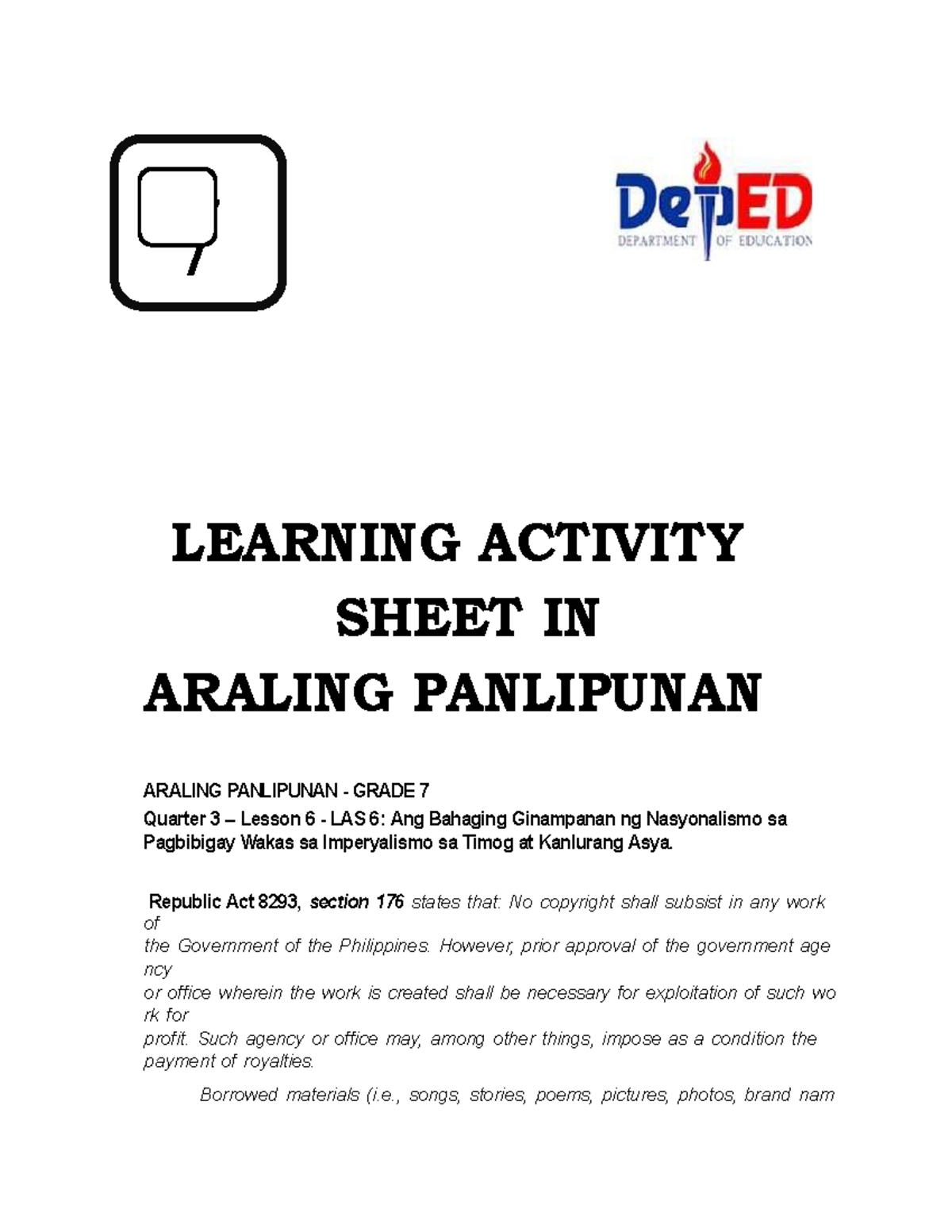 L Learning Module IN AP7 - 7 LEARNING ACTIVITY SHEET IN ARALING PANLIPUNAN ARALING PANLIPUNAN ...