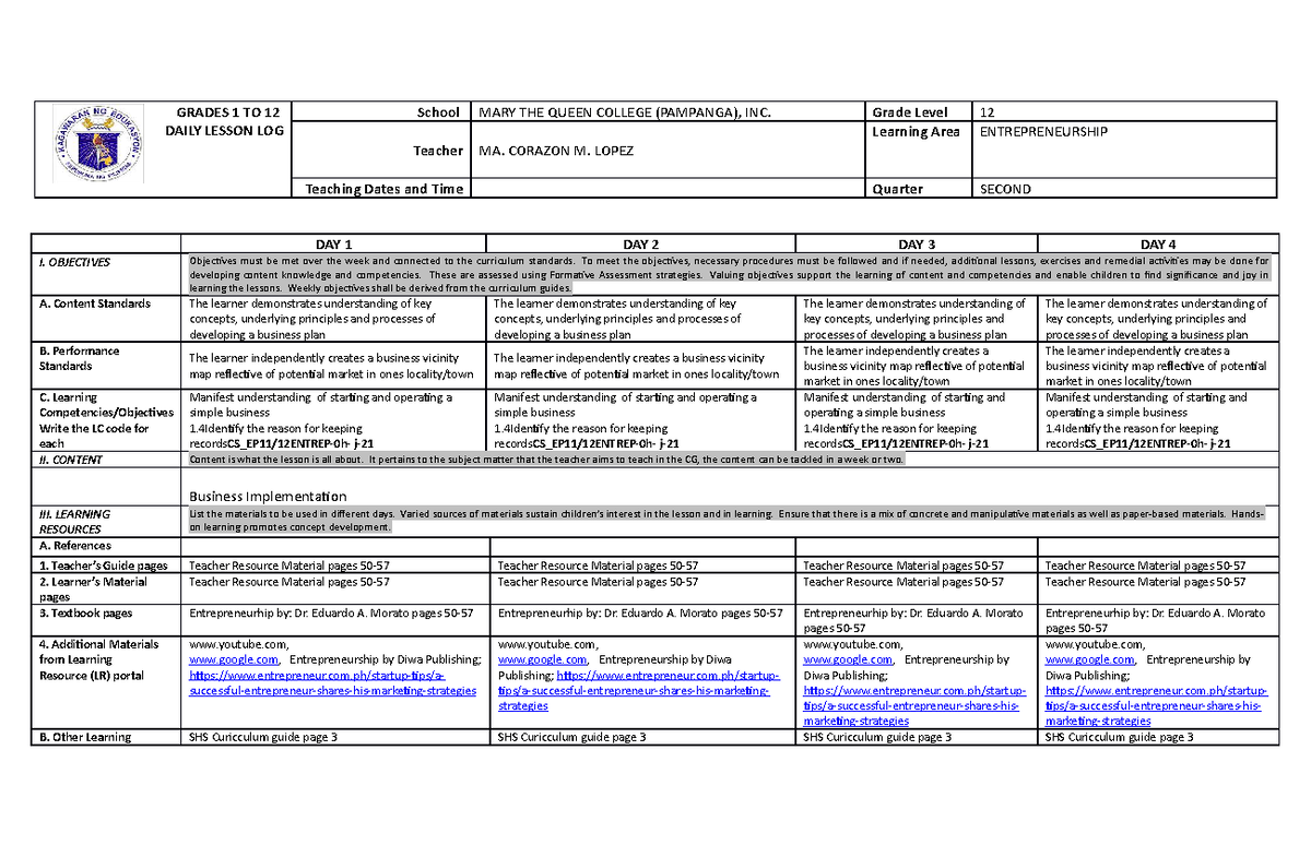 Week 13-14 Applied Entrep - GRADES 1 TO 12 DAILY LESSON LOG School MARY ...