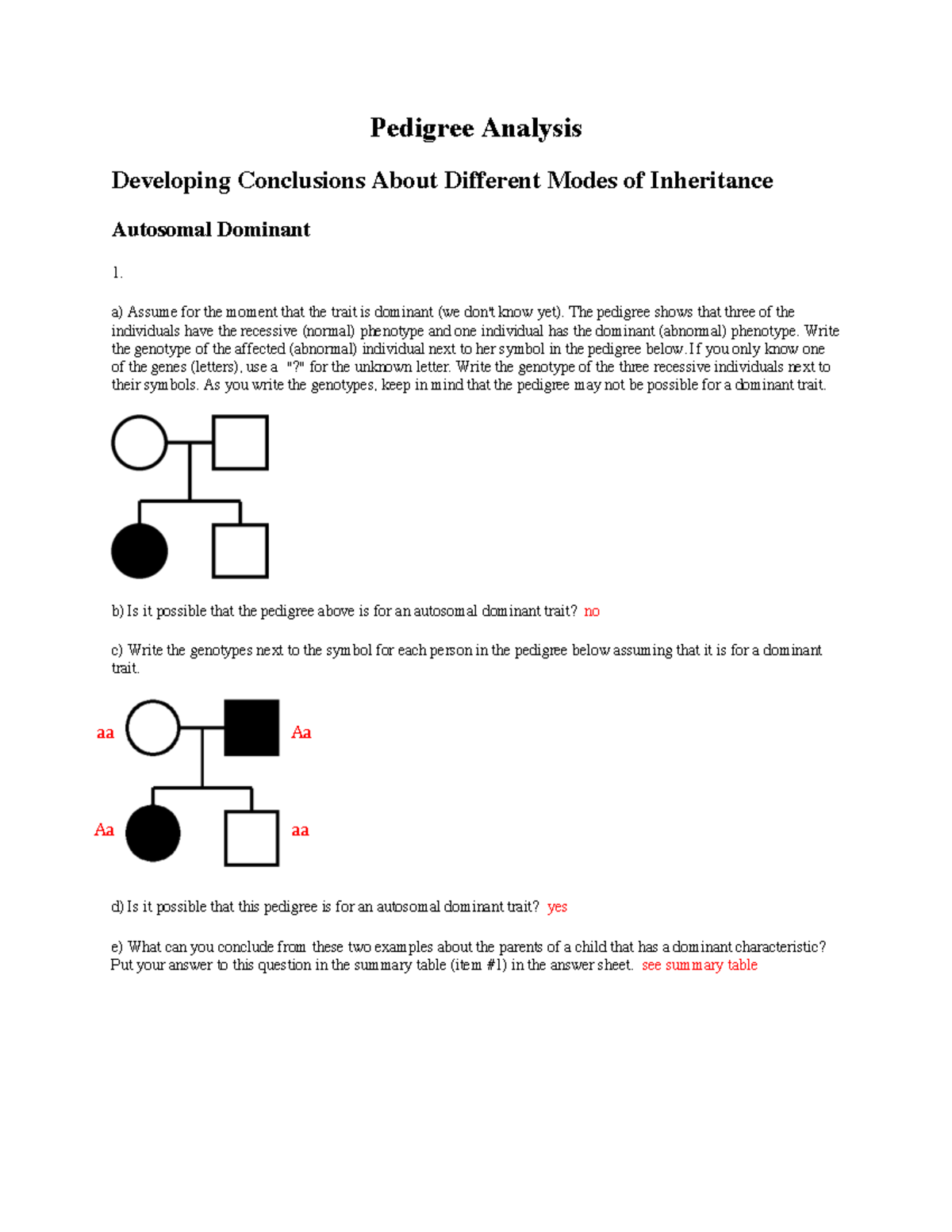 Pedigree Analysis Answers - Pedigree Analysis Developing Conclusions ...