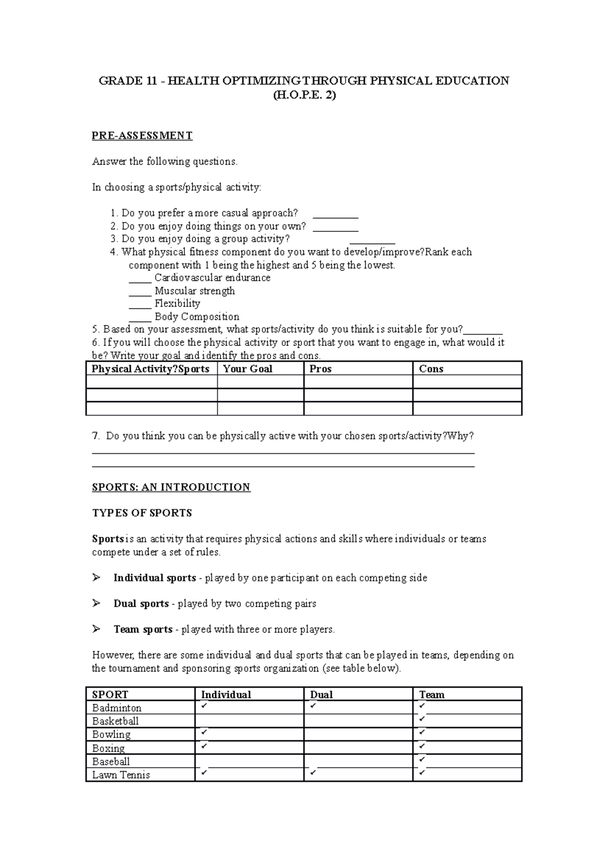 Grade 11 Sports Intro - GRADE 11 - HEALTH OPTIMIZING THROUGH PHYSICAL ...
