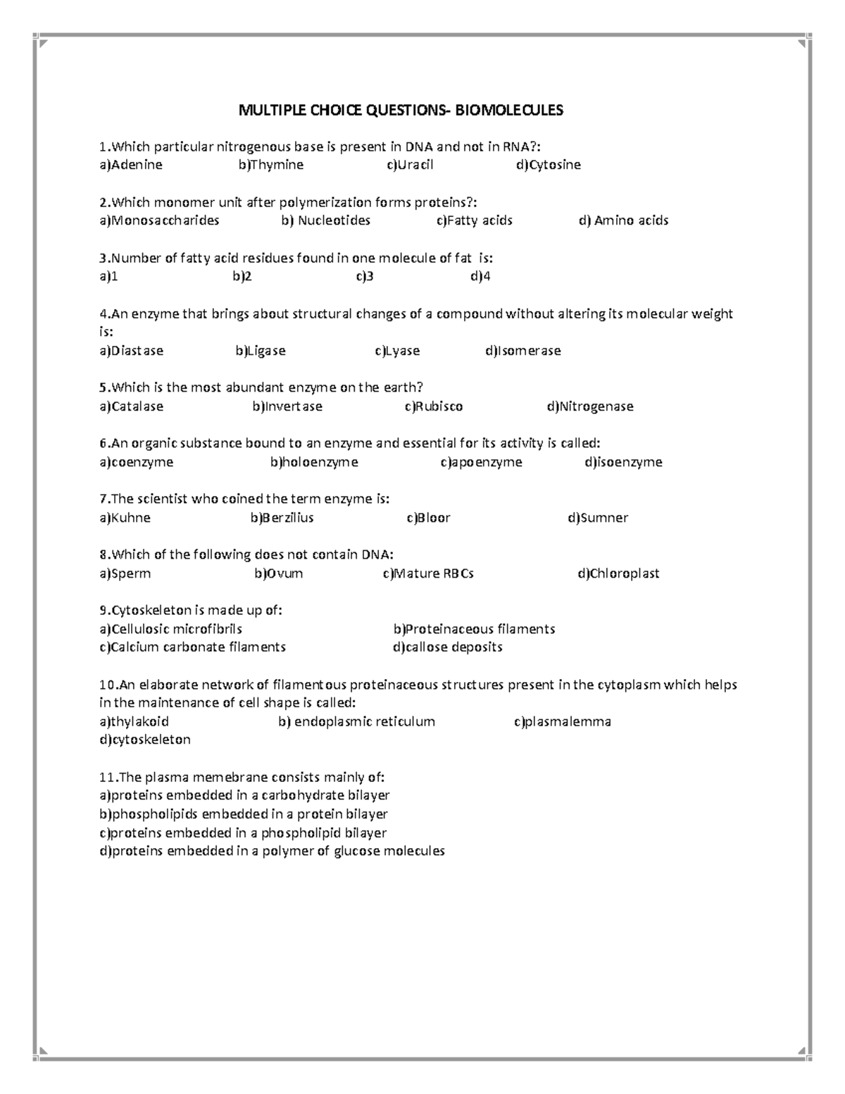 Chapter 09 biomolecules a - MULTIPLE CHOICE QUESTIONS- BIOMOLECULES 1 ...