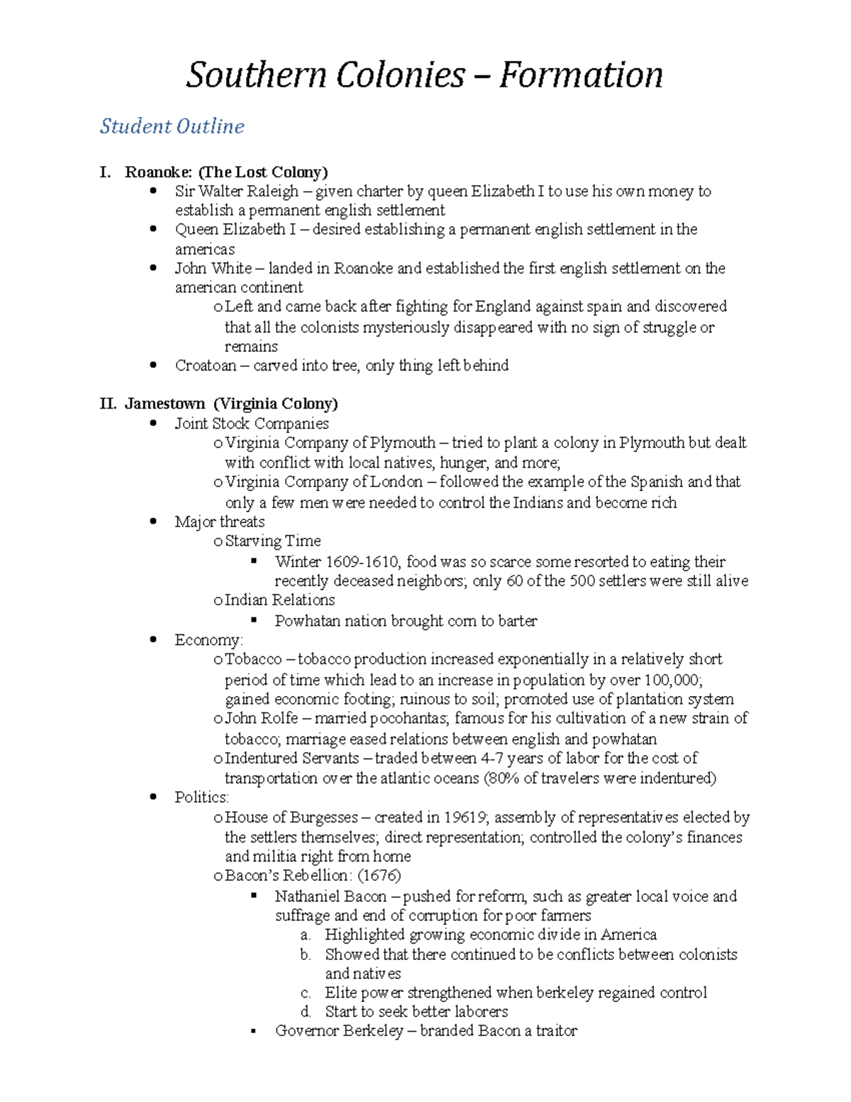Southern Colonies - Formation Student Outline - Roanoke: (The Lost ...