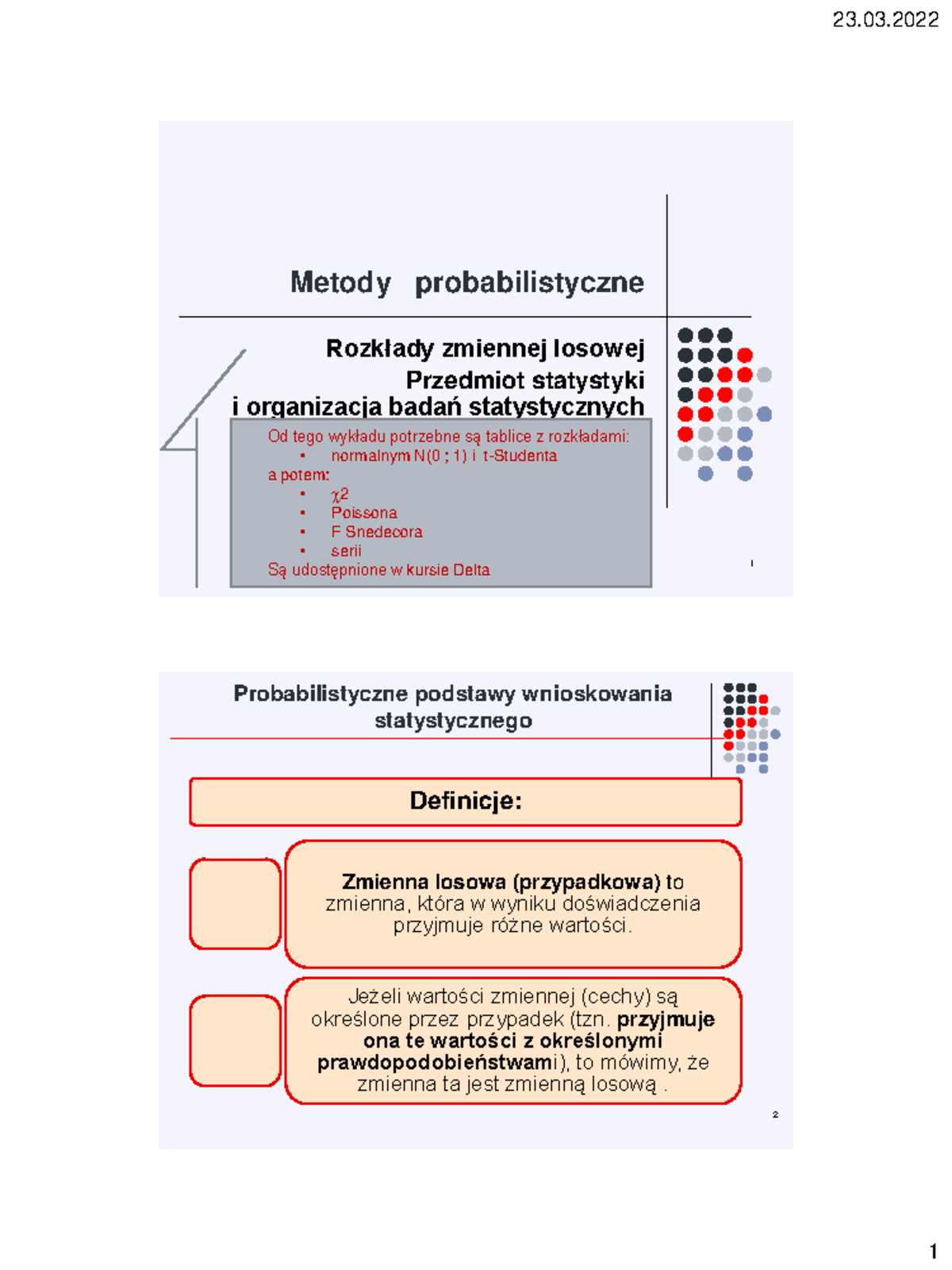 MPS 5 rozkłady 2022 - Slaidy z wykładu - 1 Metody probabilistyczne Rozkłady zmiennej losowej ...