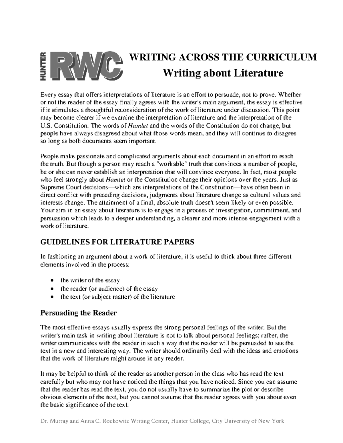 Writing about Literature - WRITING ACROSS THE CURRICULUM Writing about ...