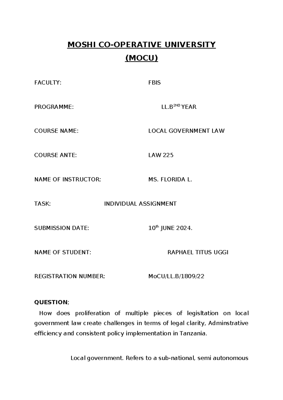 Local gvt - MOSHI CO-OPERATIVE UNIVERSITY (MOCU) FACULTY: FBIS ...