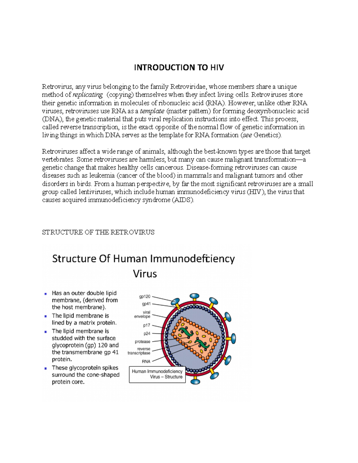 Introduction TO HIV - wonderful notes - INTRODUCTION TO HIV Retrovirus ...