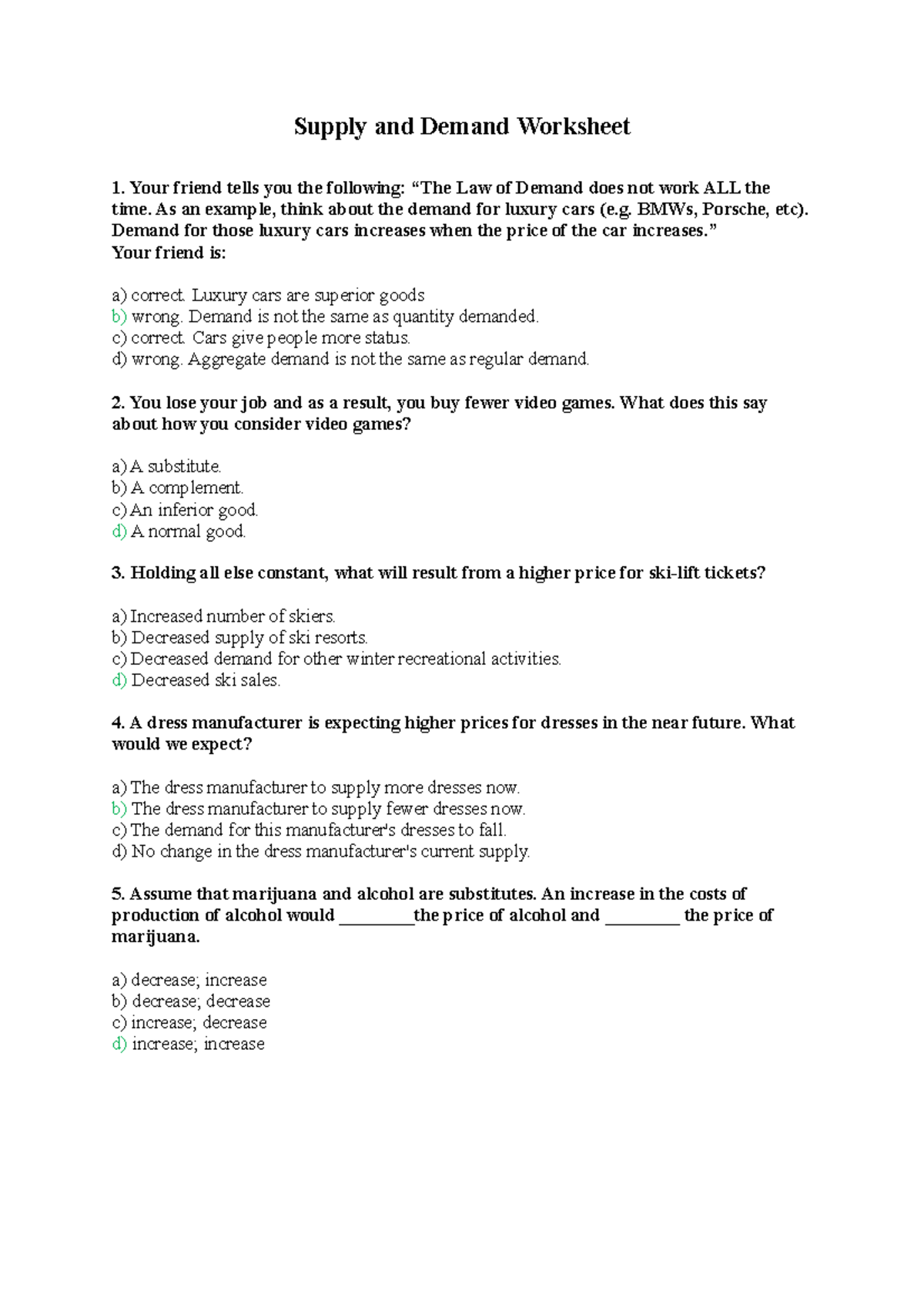 Supply and Demand Worksheet Questions - Supply and Demand Worksheet ...