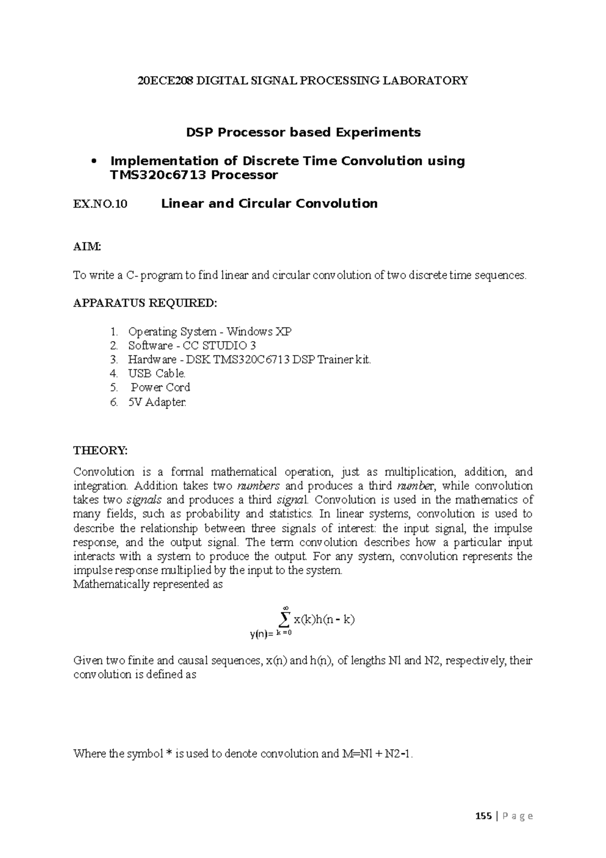Exp 10 DSP LAB R 20 - jjjj - 20ECE208 DIGITAL SIGNAL PROCESSING LABORATORY DSP Processor based ...