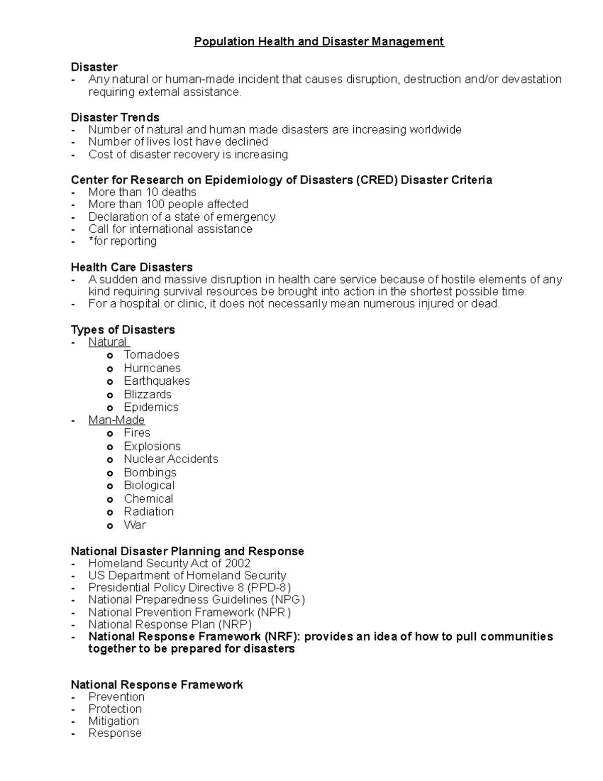 Disaster Outline for Students Batton - Population Health and Disaster ...
