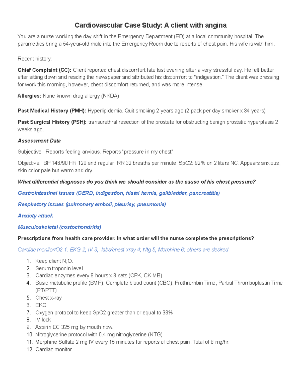 Anginal Case Study with answers - Cardiovascular Case Study: A client ...
