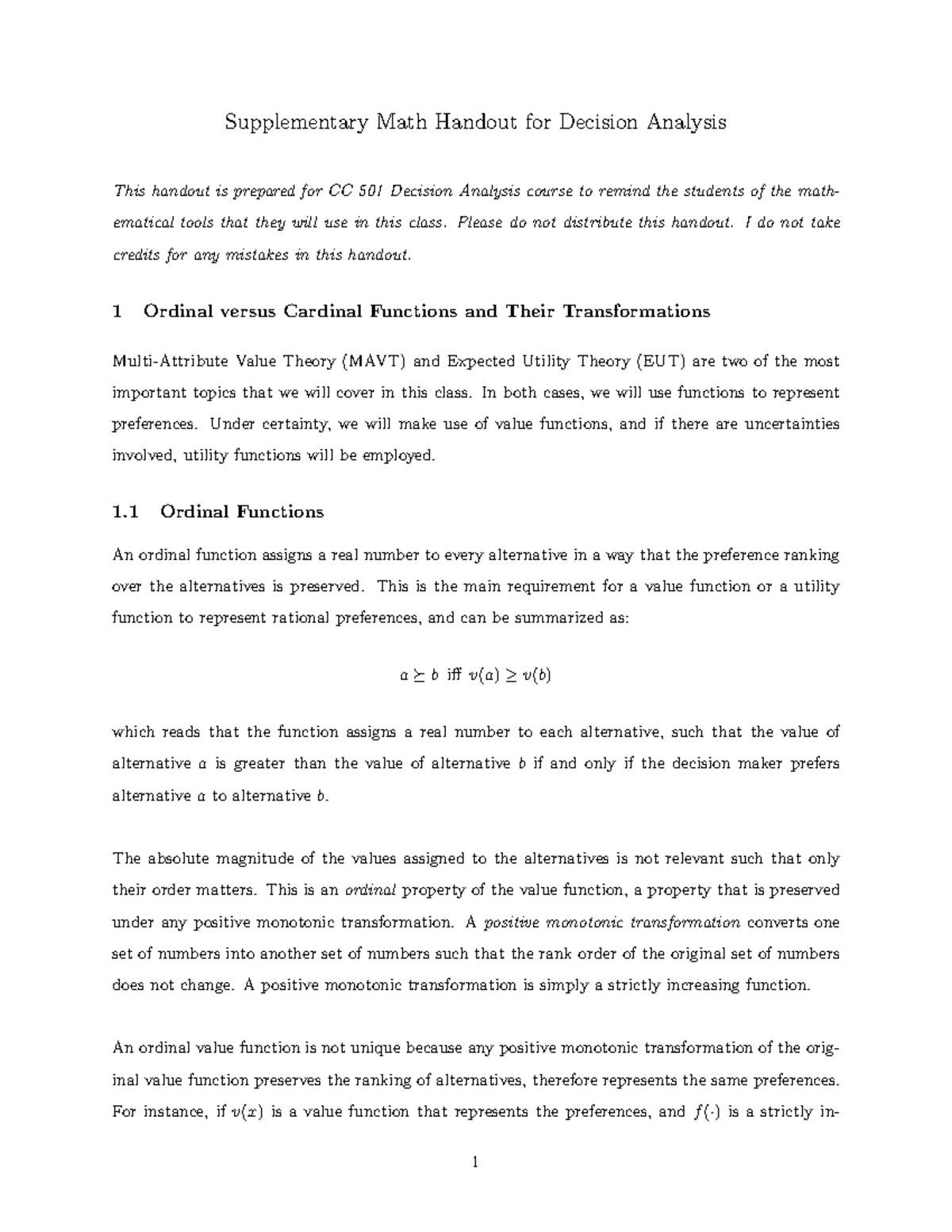 Math Handout - Please do not distribute this handout. I do not take ...