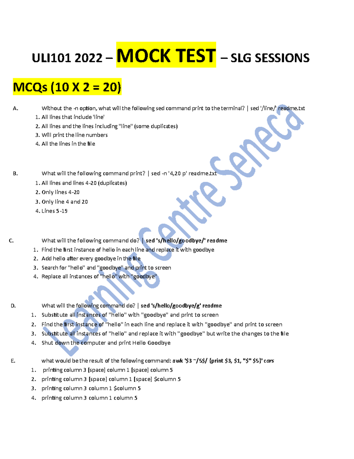 MOCK TEST2022 - practice test - ULI101 2022 – MOCK TEST – SLG SESSIONS ...