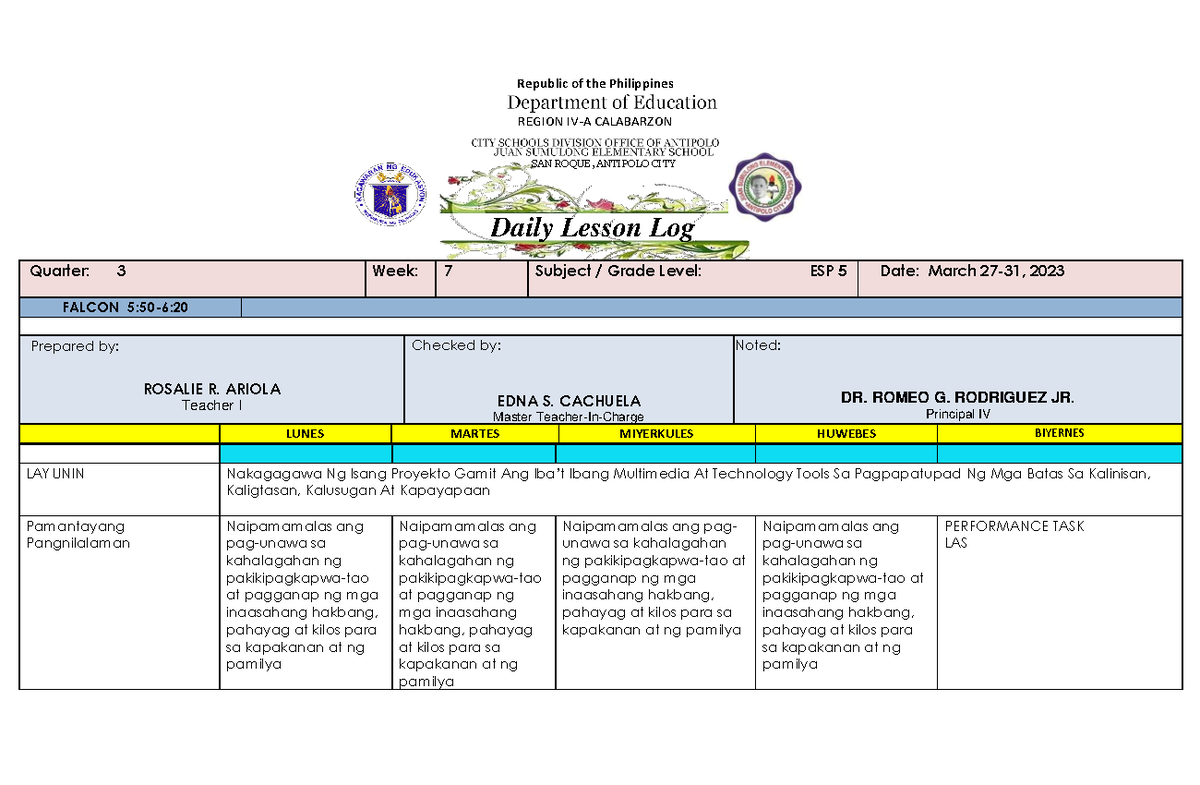 Q3 DLL ESP WEEK 7 - dll - SAN ROQUE, ANTIPOLO CITY Daily Lesson Log Republic of the Philippines ...