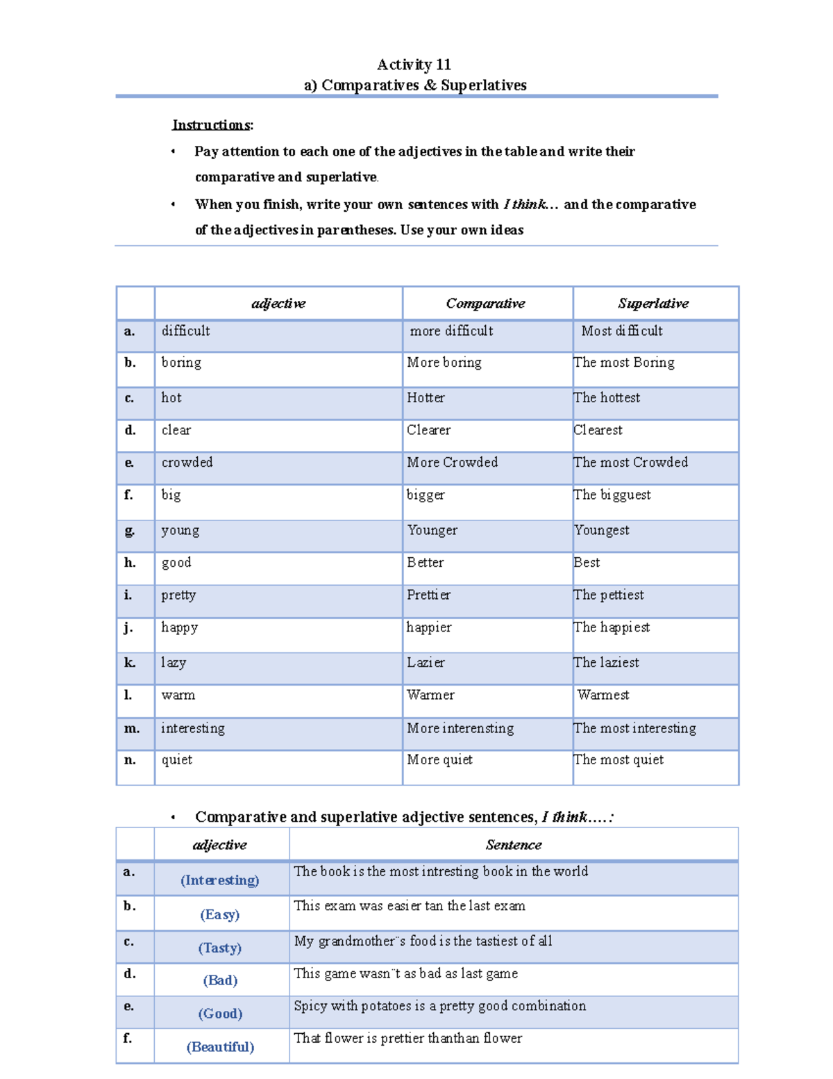 Activity 11 format - past simple - Activity 11 a) Comparatives ...
