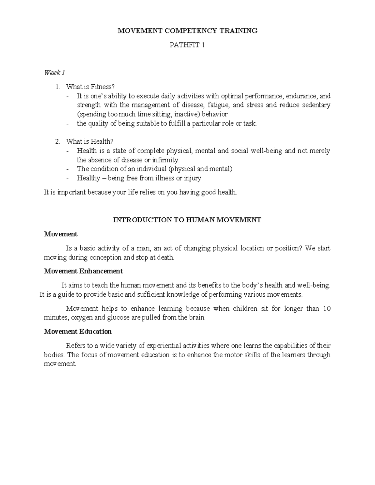 Lecture Notes Pathfit 1 - MOVEMENT COMPETENCY TRAINING PATHFIT 1 Week 1 ...